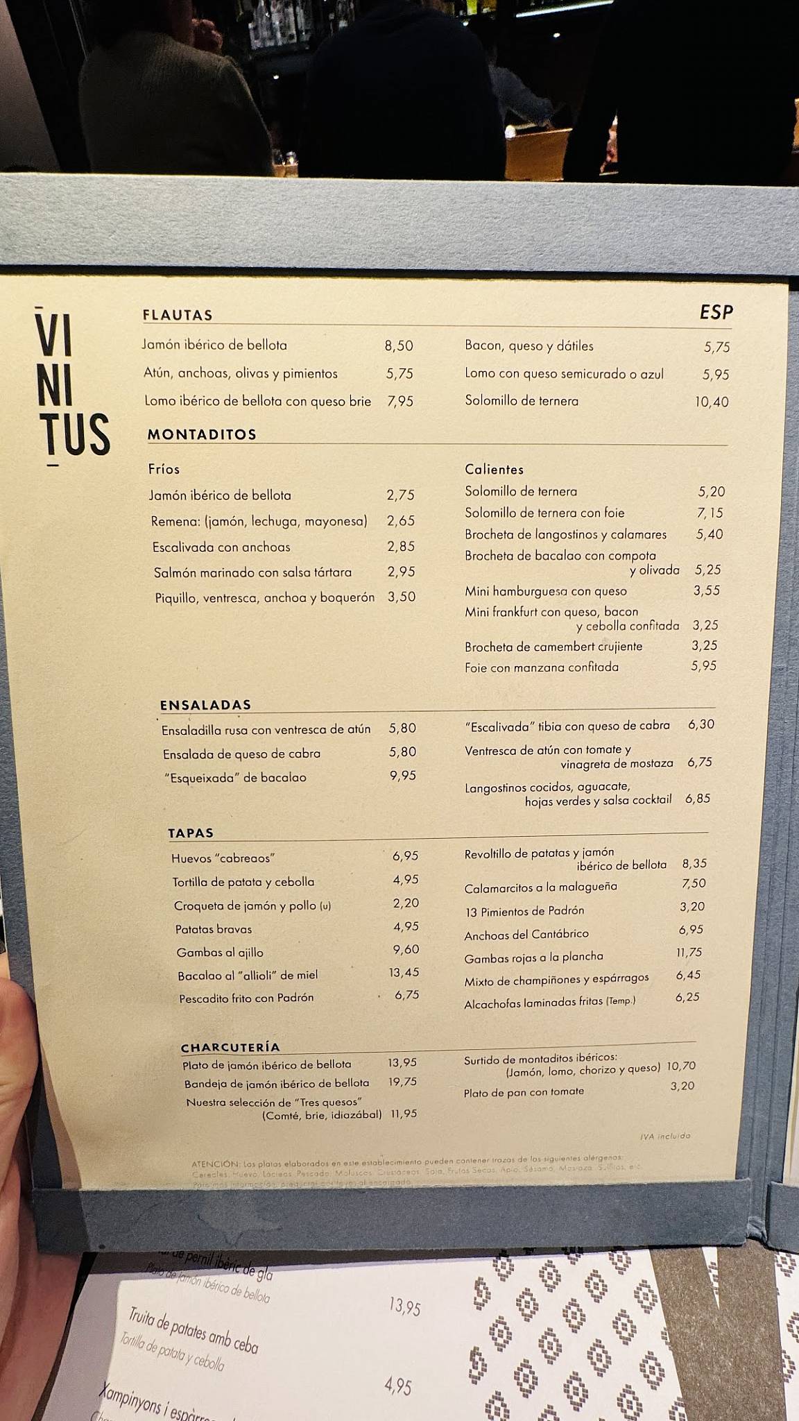 Menu at Vinitus pub & bar, Barcelona, Carrer del Consell de Cent