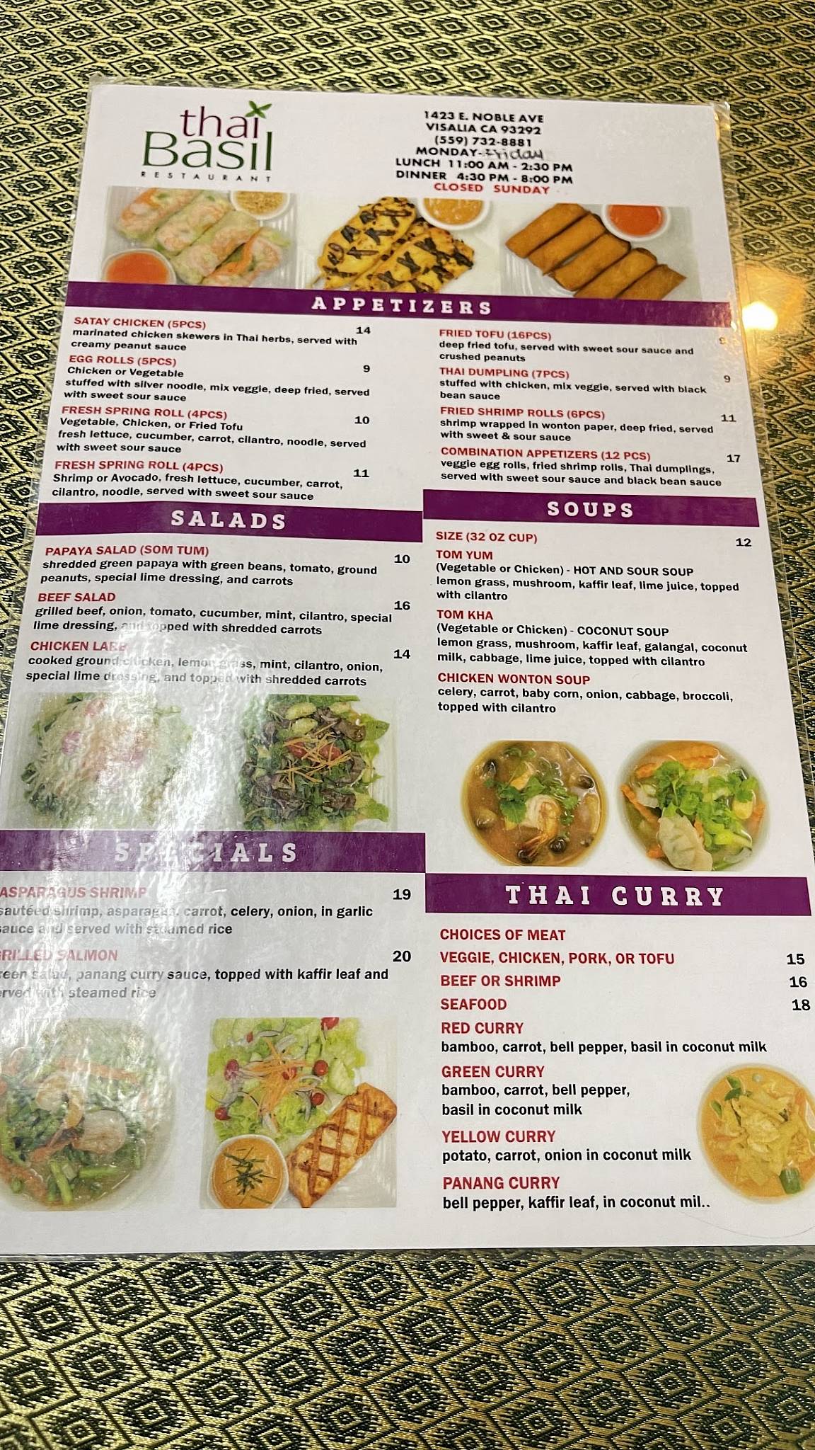 Menu at Thai Basil Restaurant, Visalia