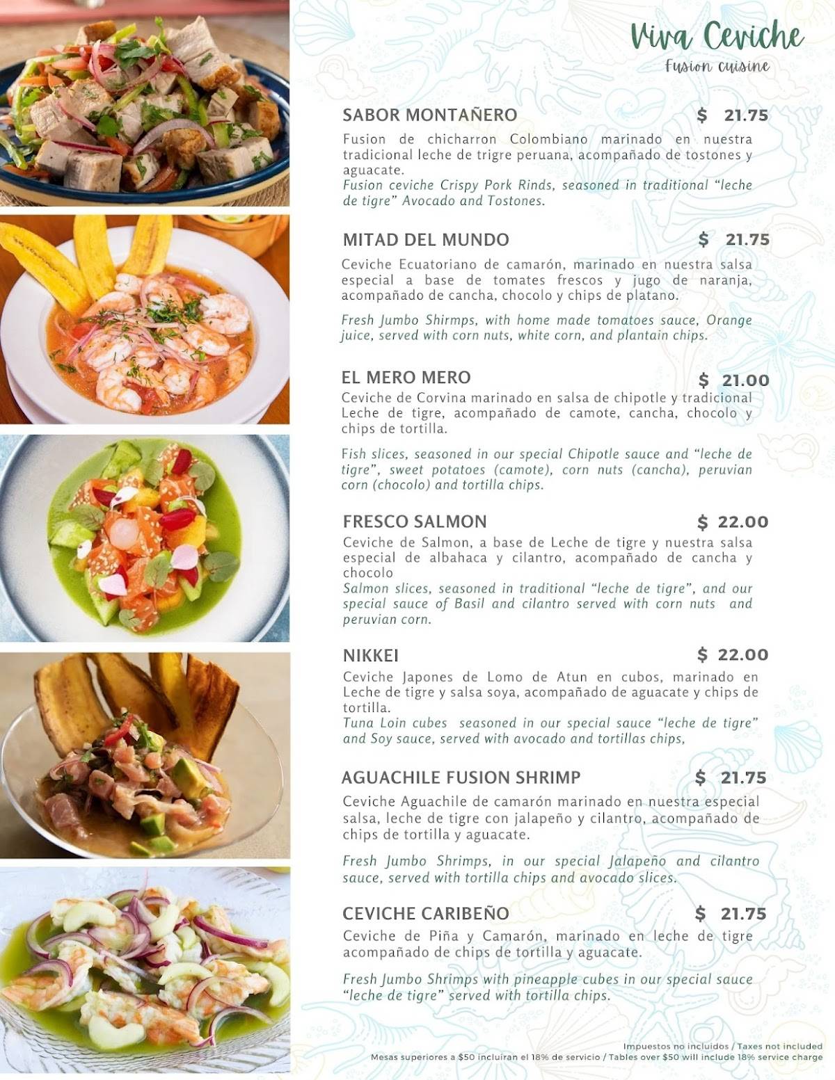 Menu at Viva Ceviche restaurant, New York City