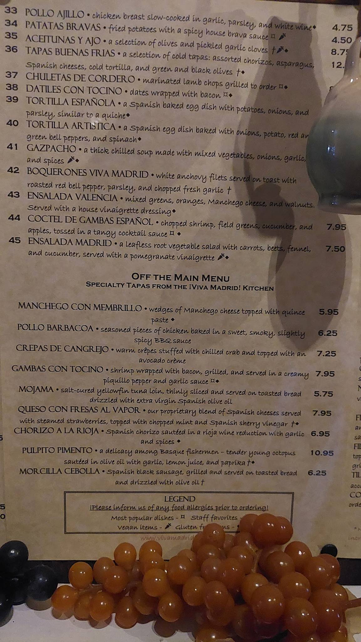 Menu at Viva Madrid pub & bar, Claremont, 225 N Yale Ave