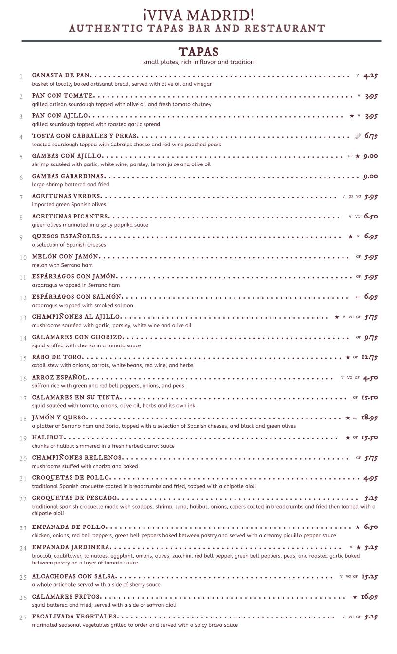 Menu at Viva Madrid pub & bar, Claremont, 225 N Yale Ave