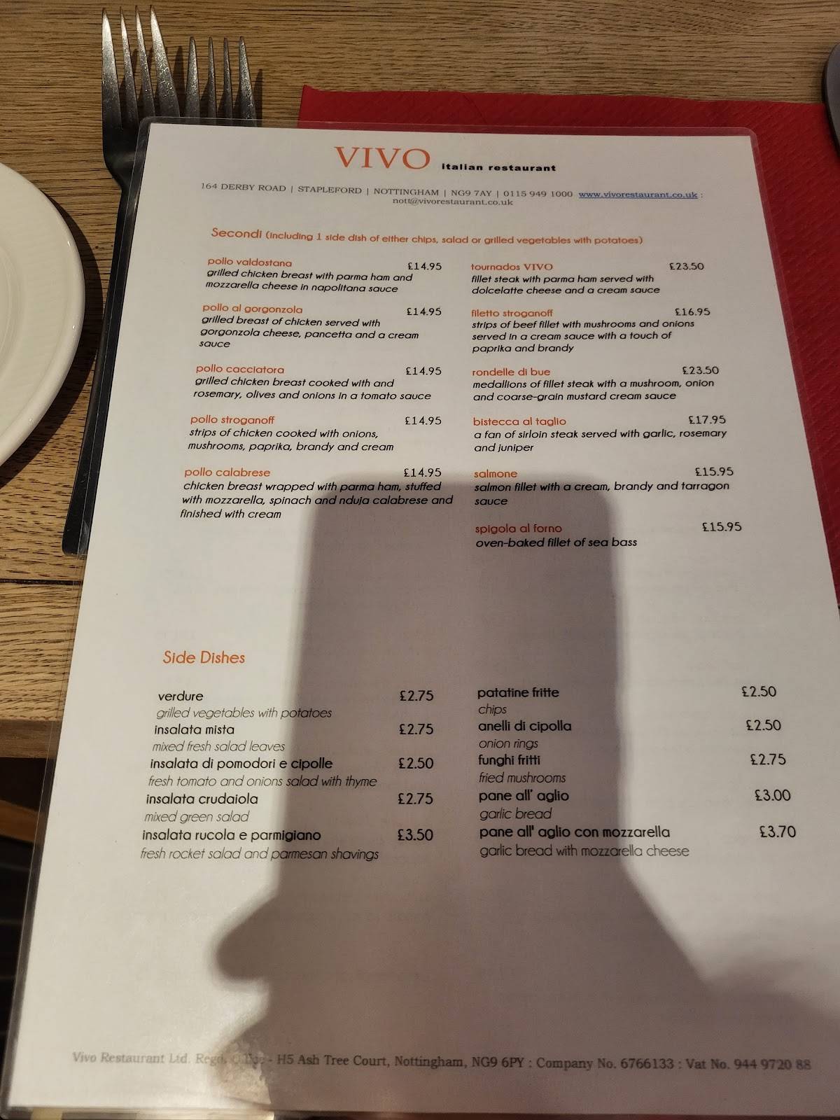 Menu at Vivo Restaurant, Nottingham