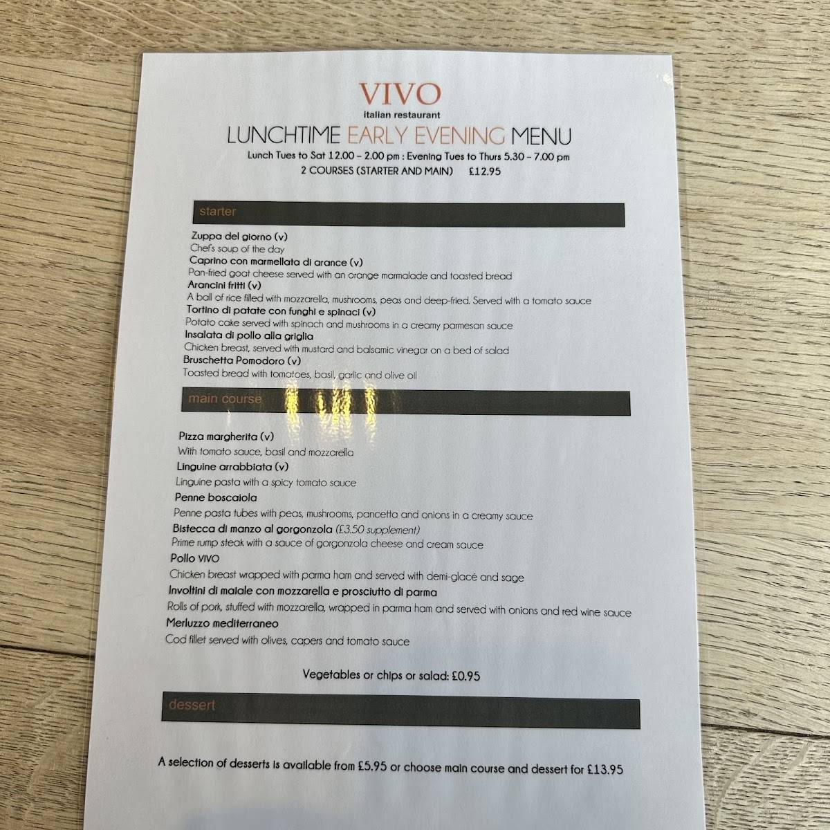 Menu at Vivo Restaurant, Nottingham