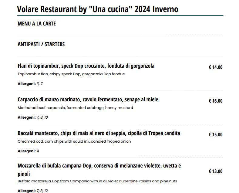 Menu au Volare Bar & Restaurant, Cerro Maggiore