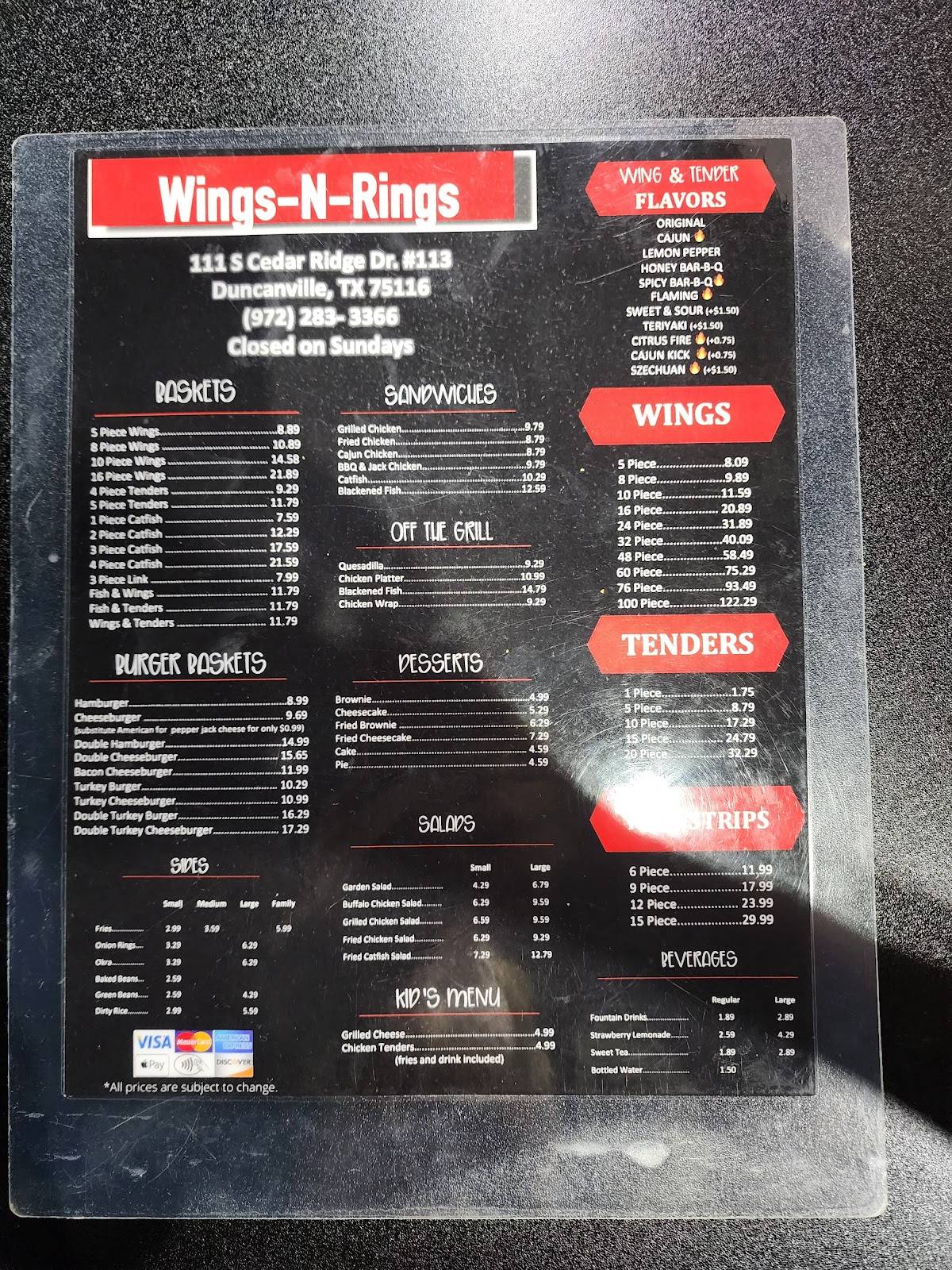 Menu at WINGS-N-RINGS restaurant, Duncanville, 111 S Cedar Ridge Dr #113