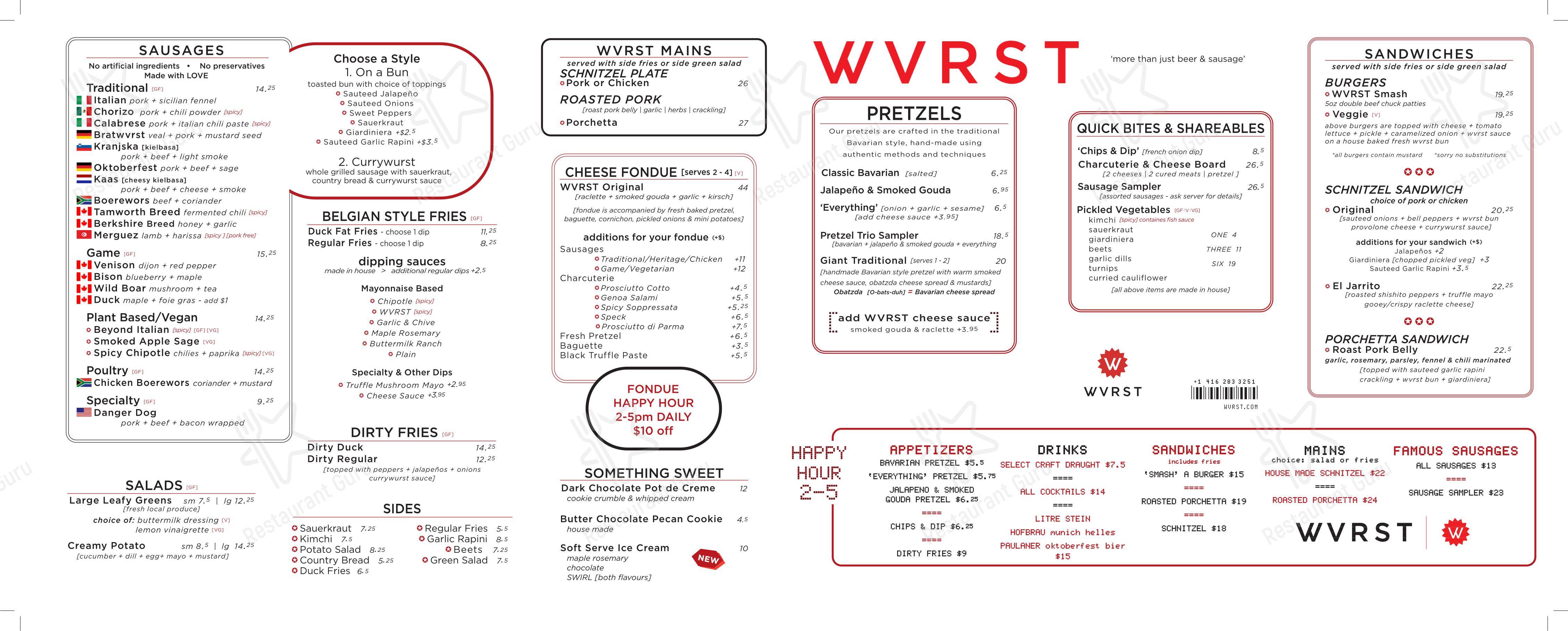 Menu at WVRST pub & bar, Toronto, 609 King St W