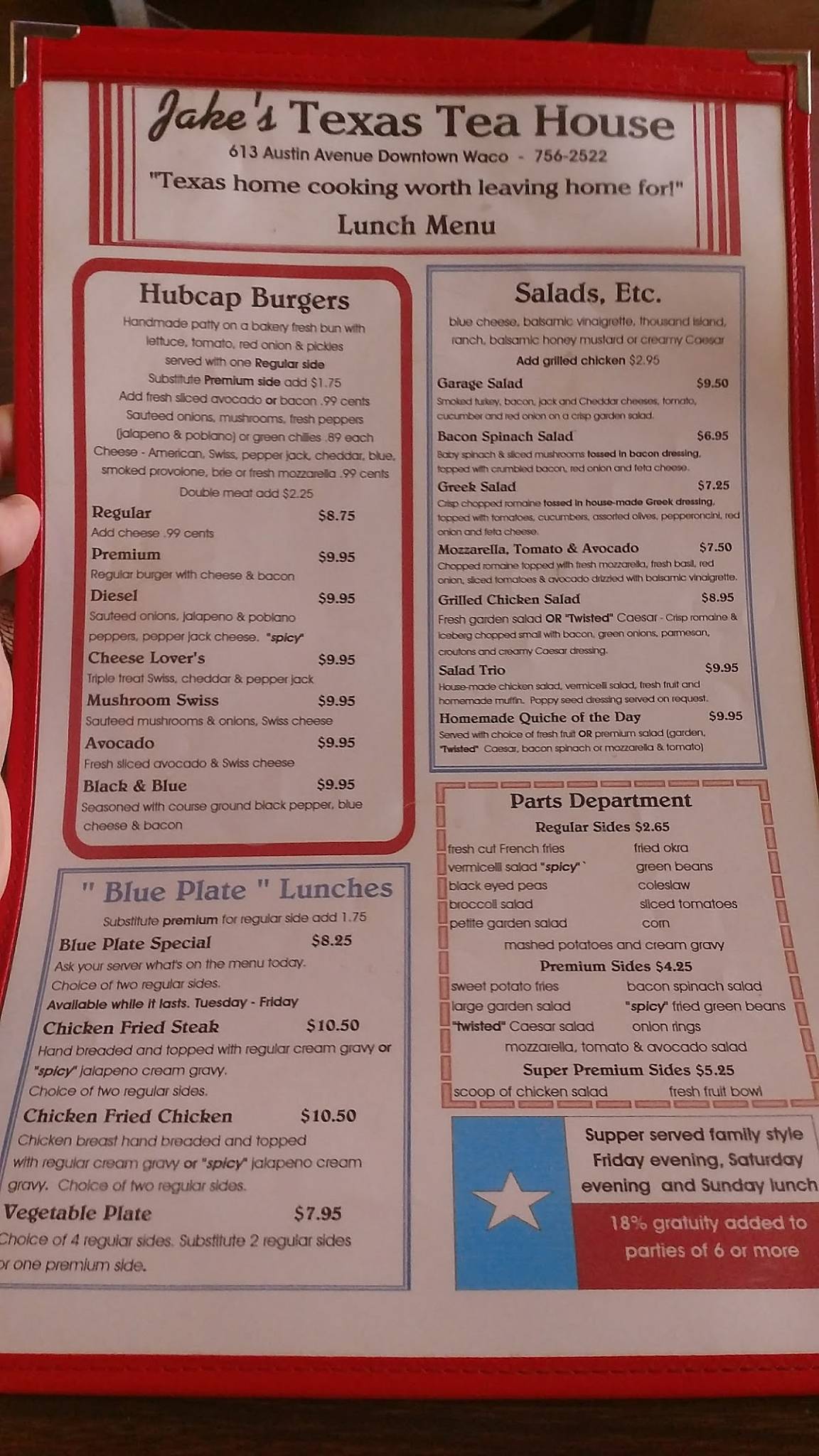 Menu at Jakes Texas Tea House restaurant, Waco