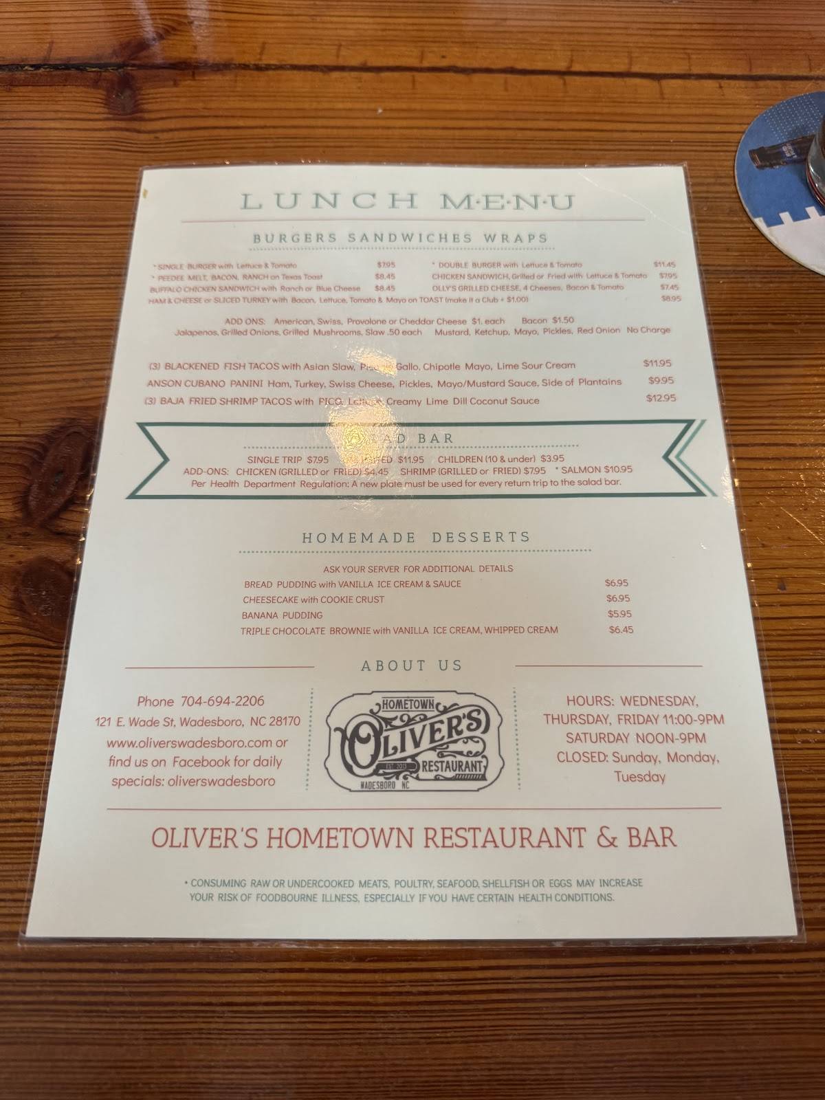 Menu at Oliver's Restaurant, Wadesboro