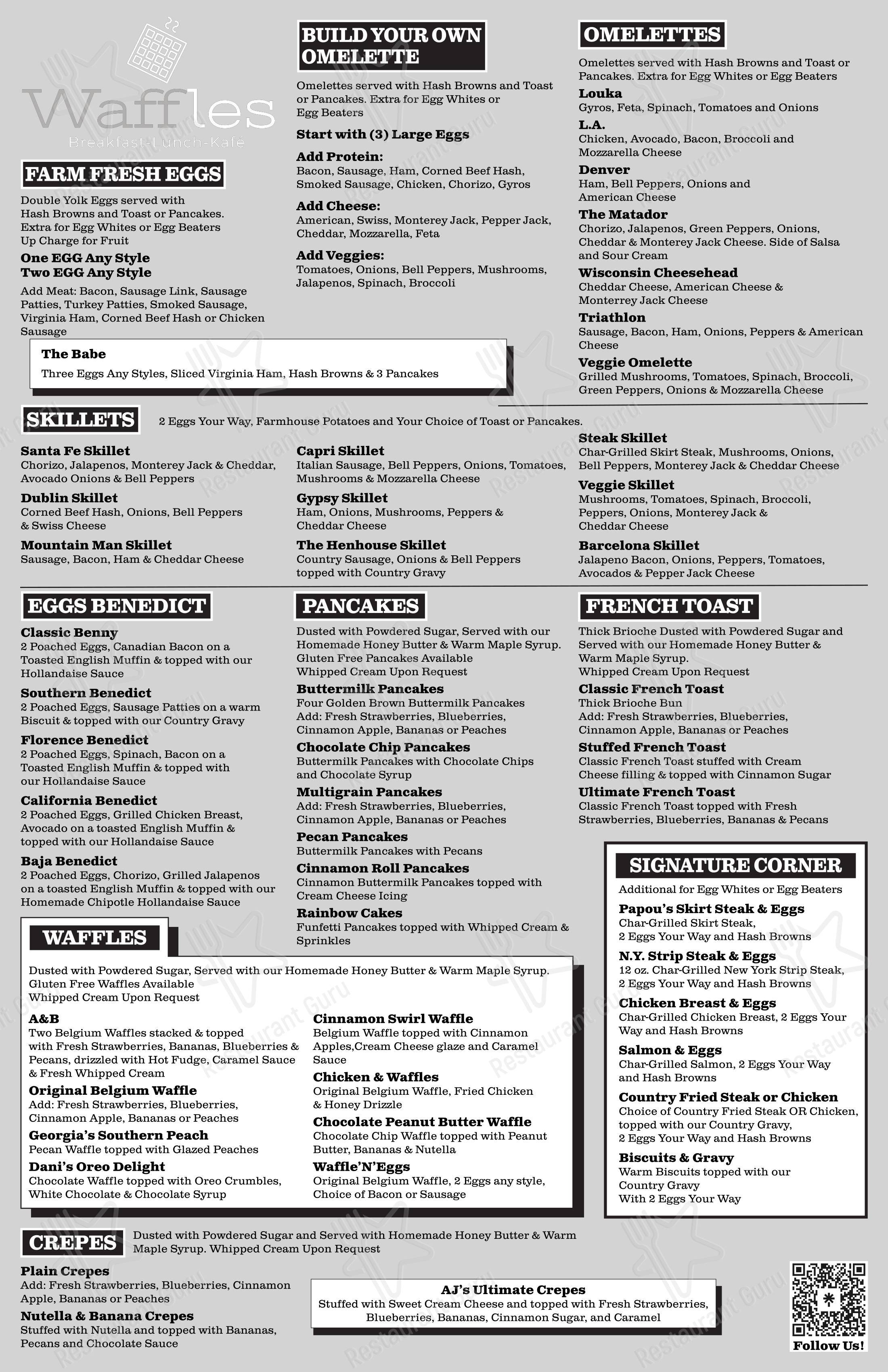 Menu at Waffles Kafé restaurant, New Lenox