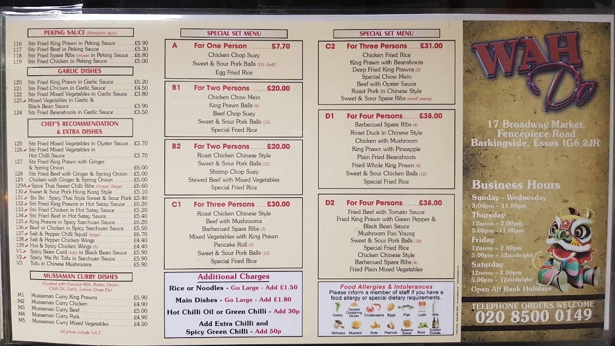 Menu at Wah Do fast food, Ilford, Broadway Market