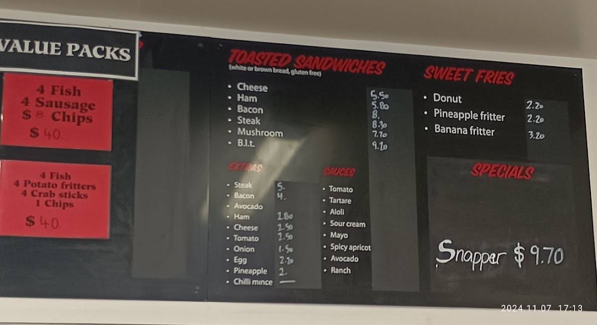 Menu at Kelly's Seafood restaurant, Waihi
