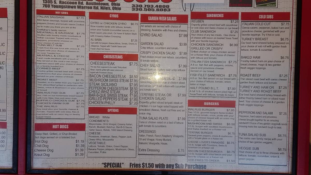 Menu at Walrus Subs fast food, Youngstown