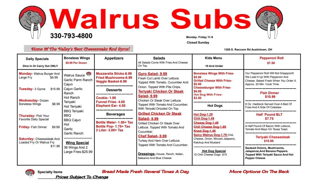 Menu at Walrus Subs fast food, Youngstown