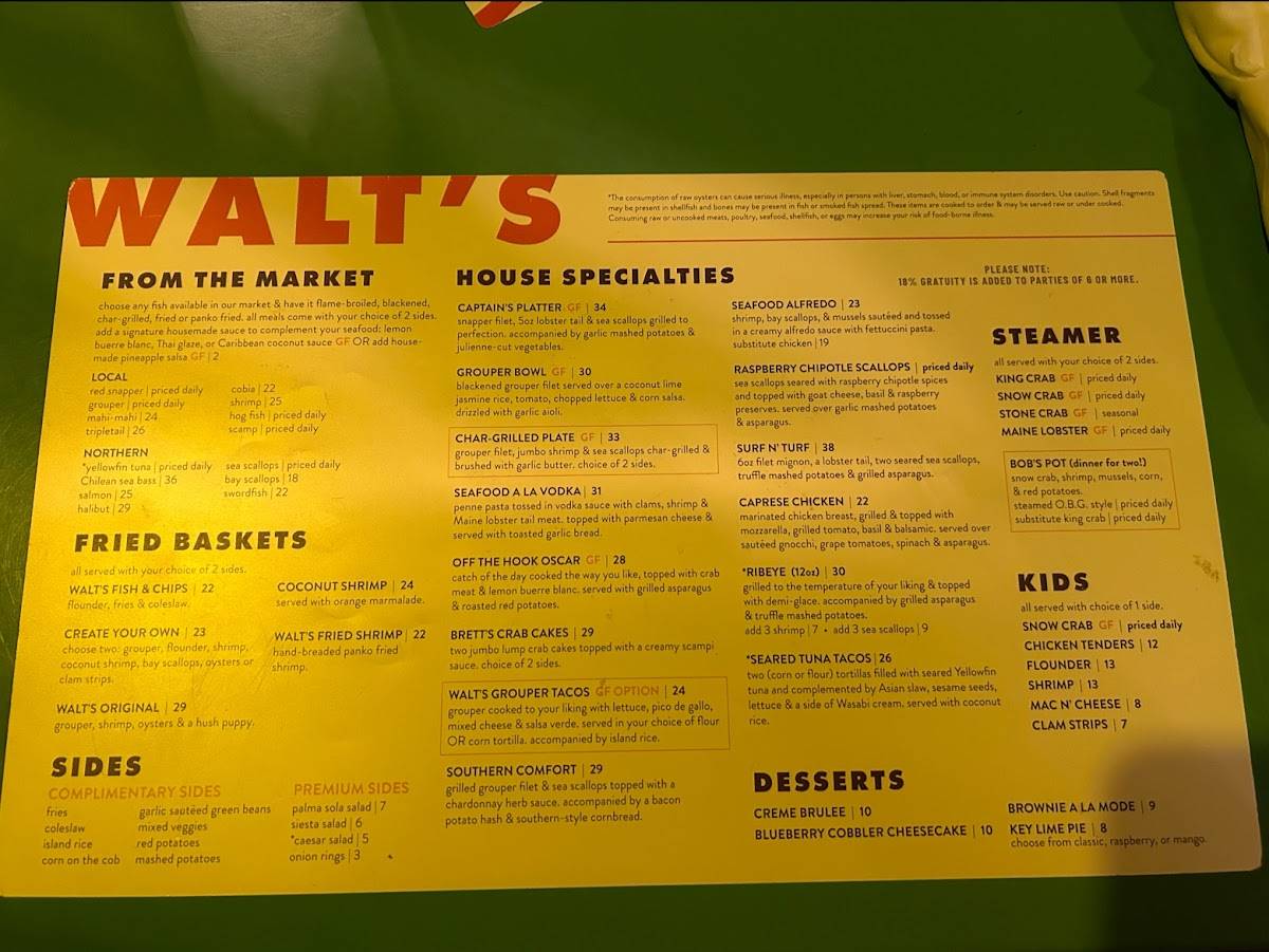 Menu at Walt's Fish Market Restaurant, Sarasota