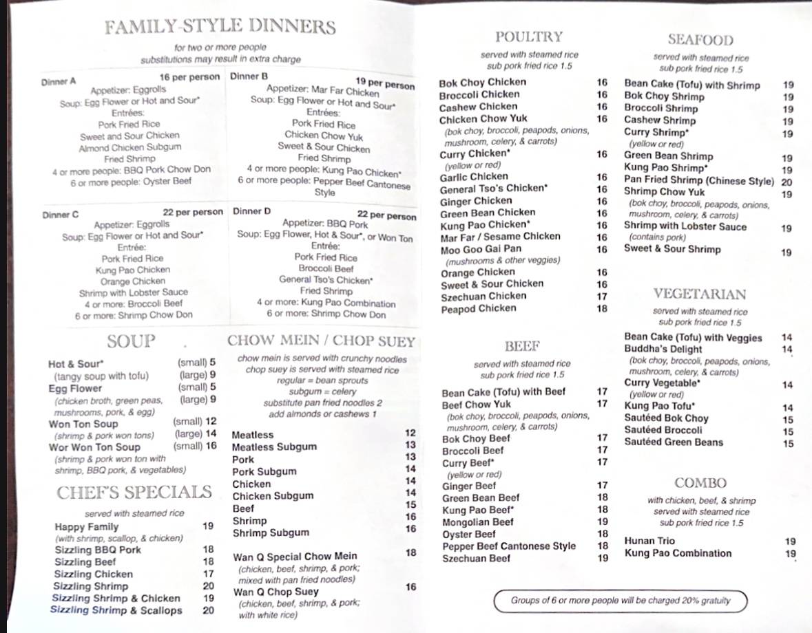 Menu at Wan Q Restaurant, Portland, NW Cornell Rd