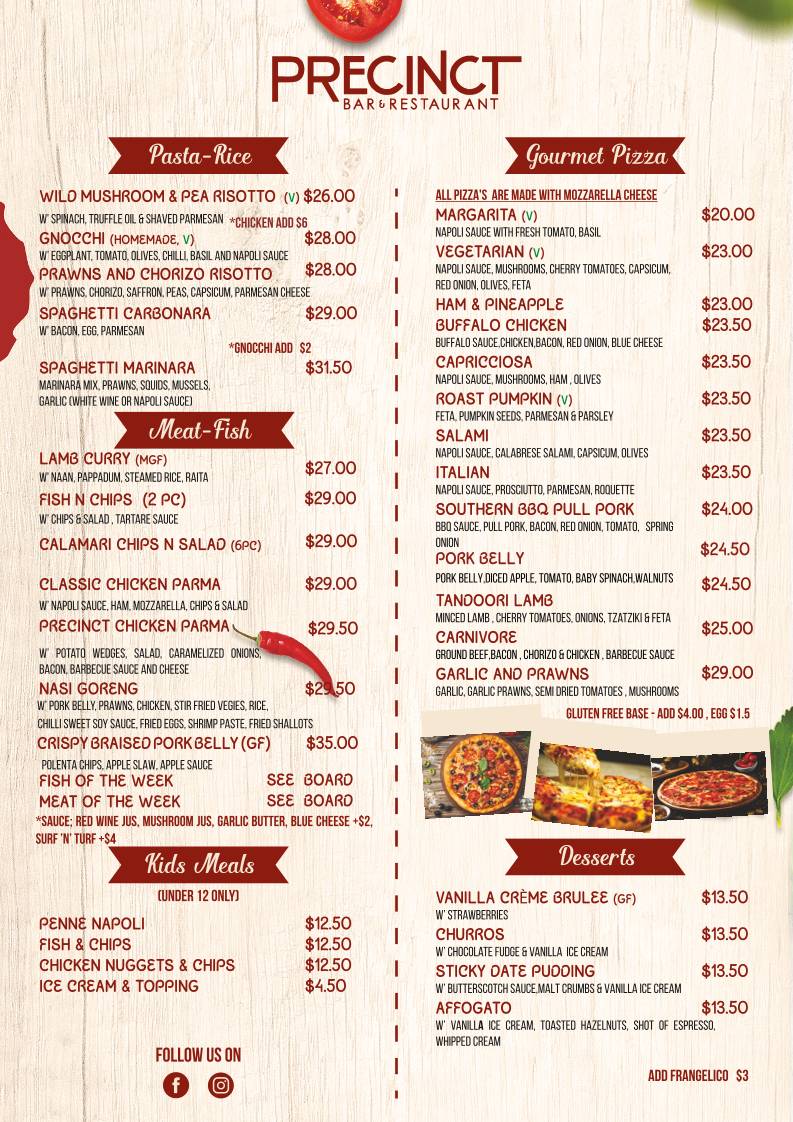 Menu at Precinct Bar & Restaurant, Wangaratta