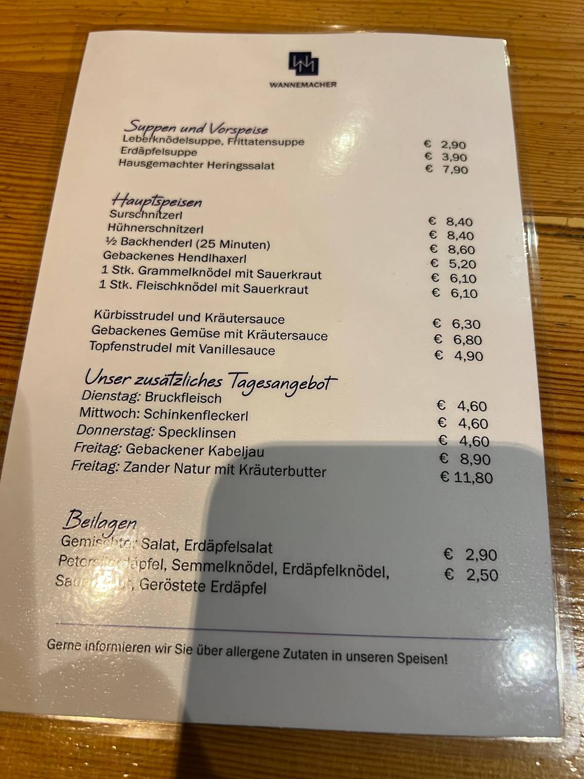 Speisekarte von Wannemacher Weingut Heuriger pub & Bar, Hagenbrunn