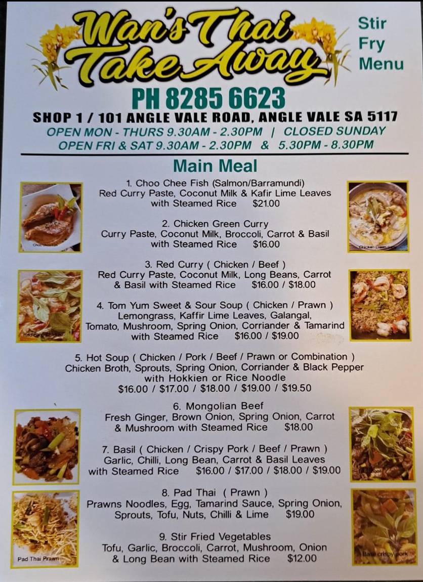 Menu at Wan’s Thai Takeaway restaurant, Angle Vale
