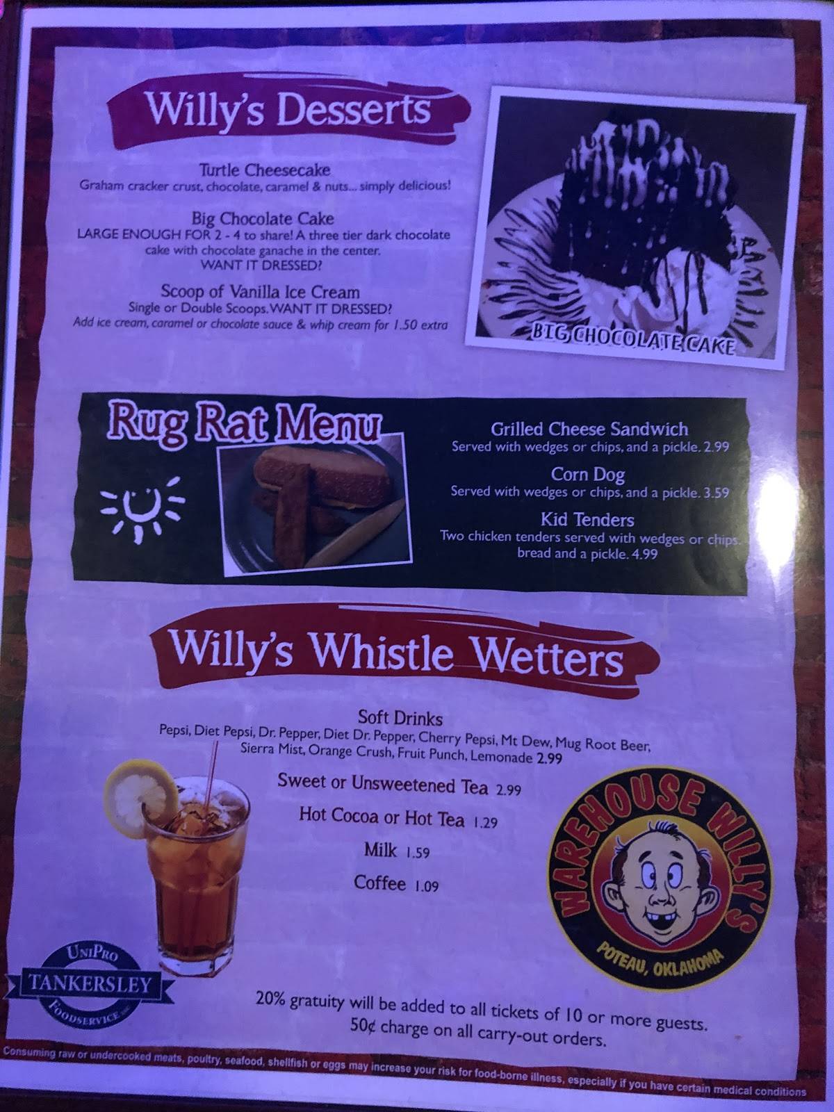 Menu at Warehouse Willy's steakhouse, Poteau