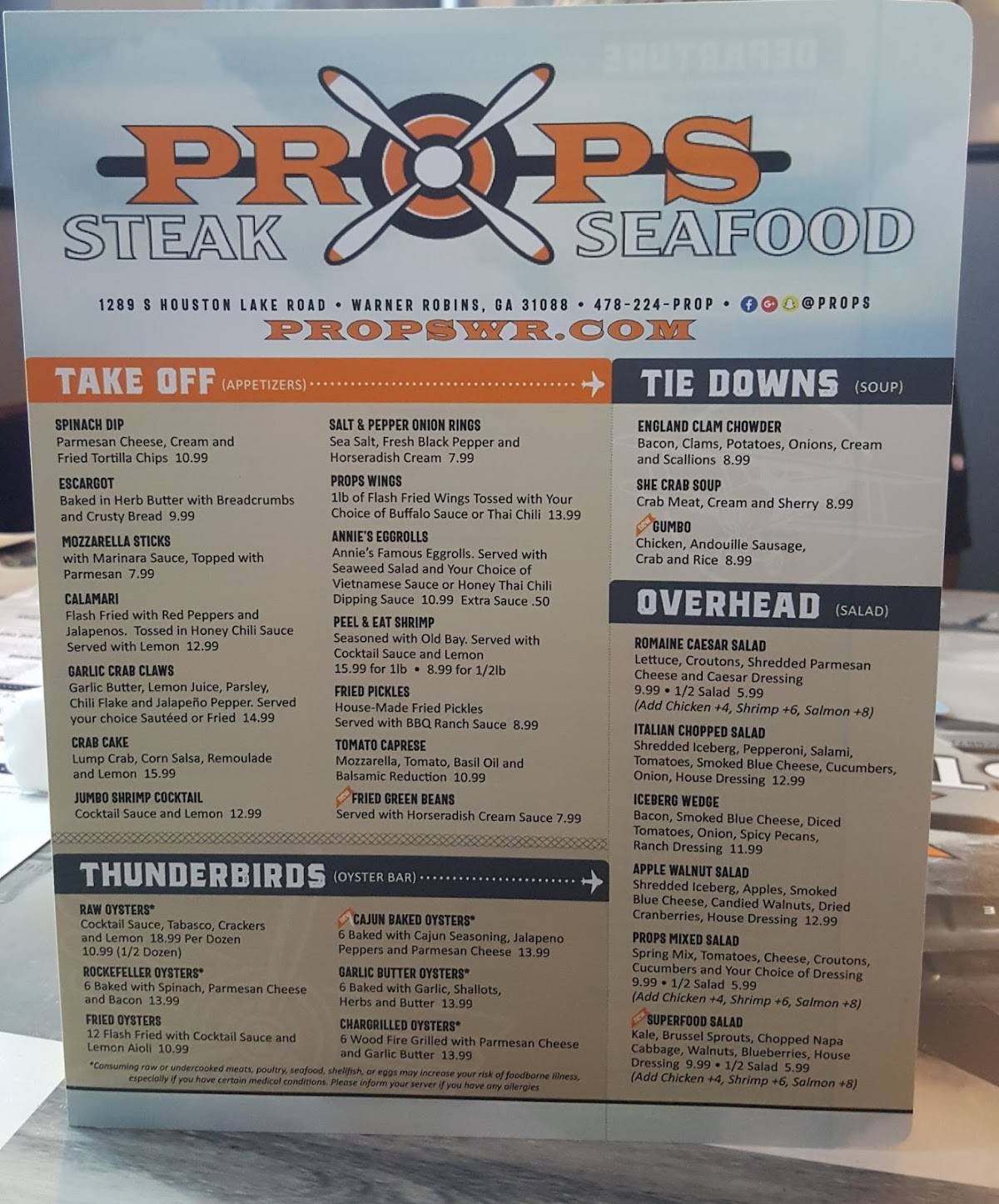 Menu at Props Steak and Seafood Restaurant, Warner Robins