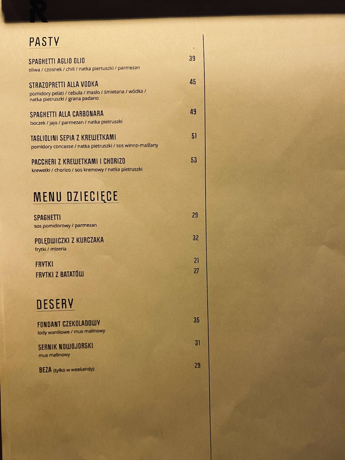 Menu at Reforma Urban restaurant, Warsaw
