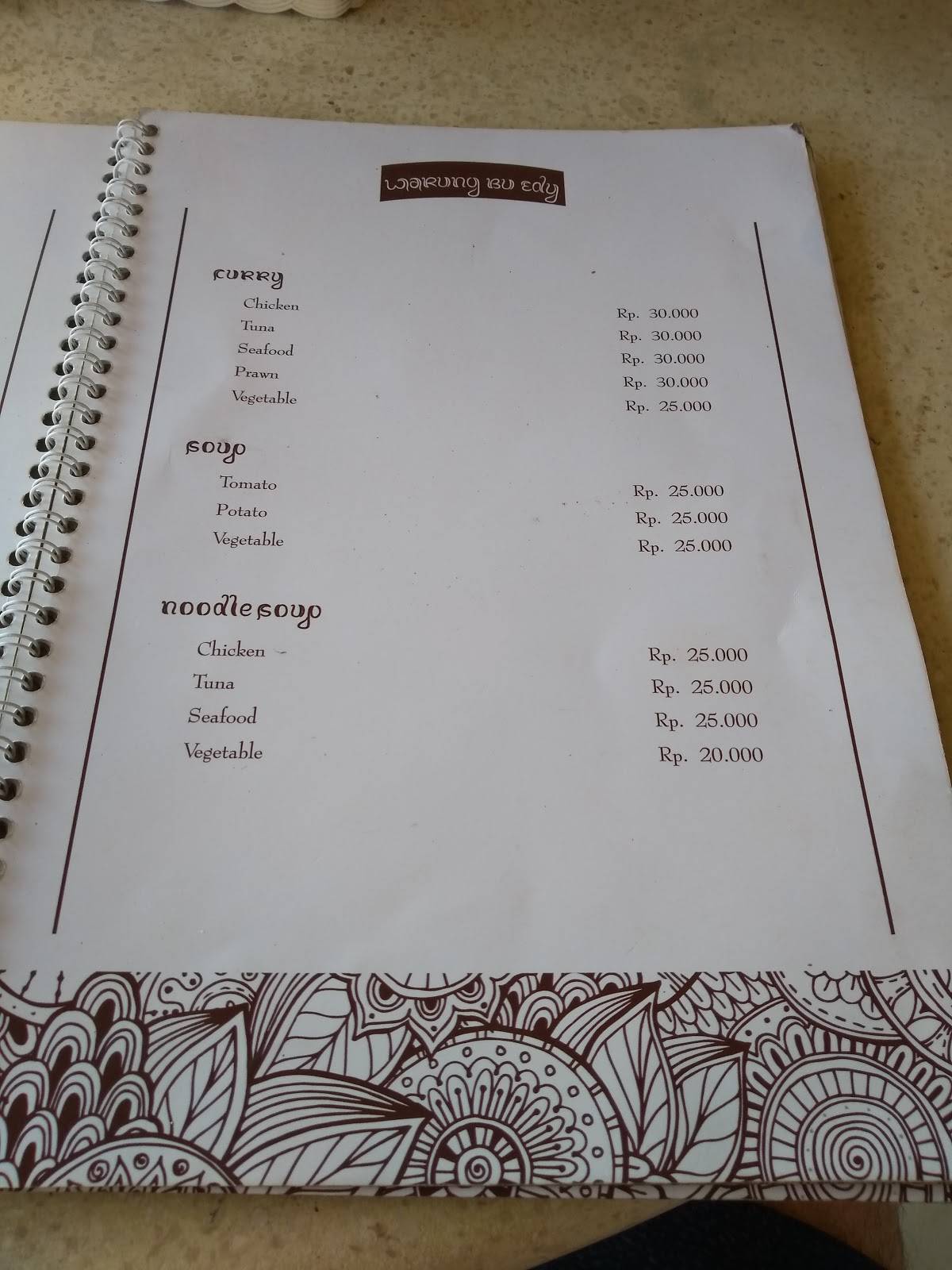 Menu at Warung Bu Edy restaurant, Lembongan, 8CGX+7C4