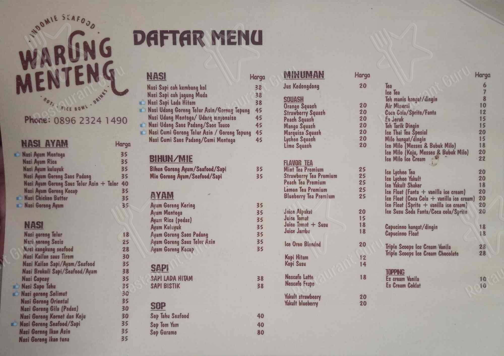 Menu at Warung Menteng restaurant, Central Jakarta, Jl. HOS ...
