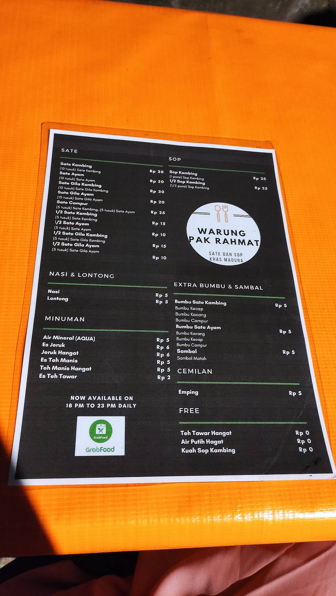 Carta del restaurante Warung Pak Rahmat (Sate dan Sop Kambing), Central ...
