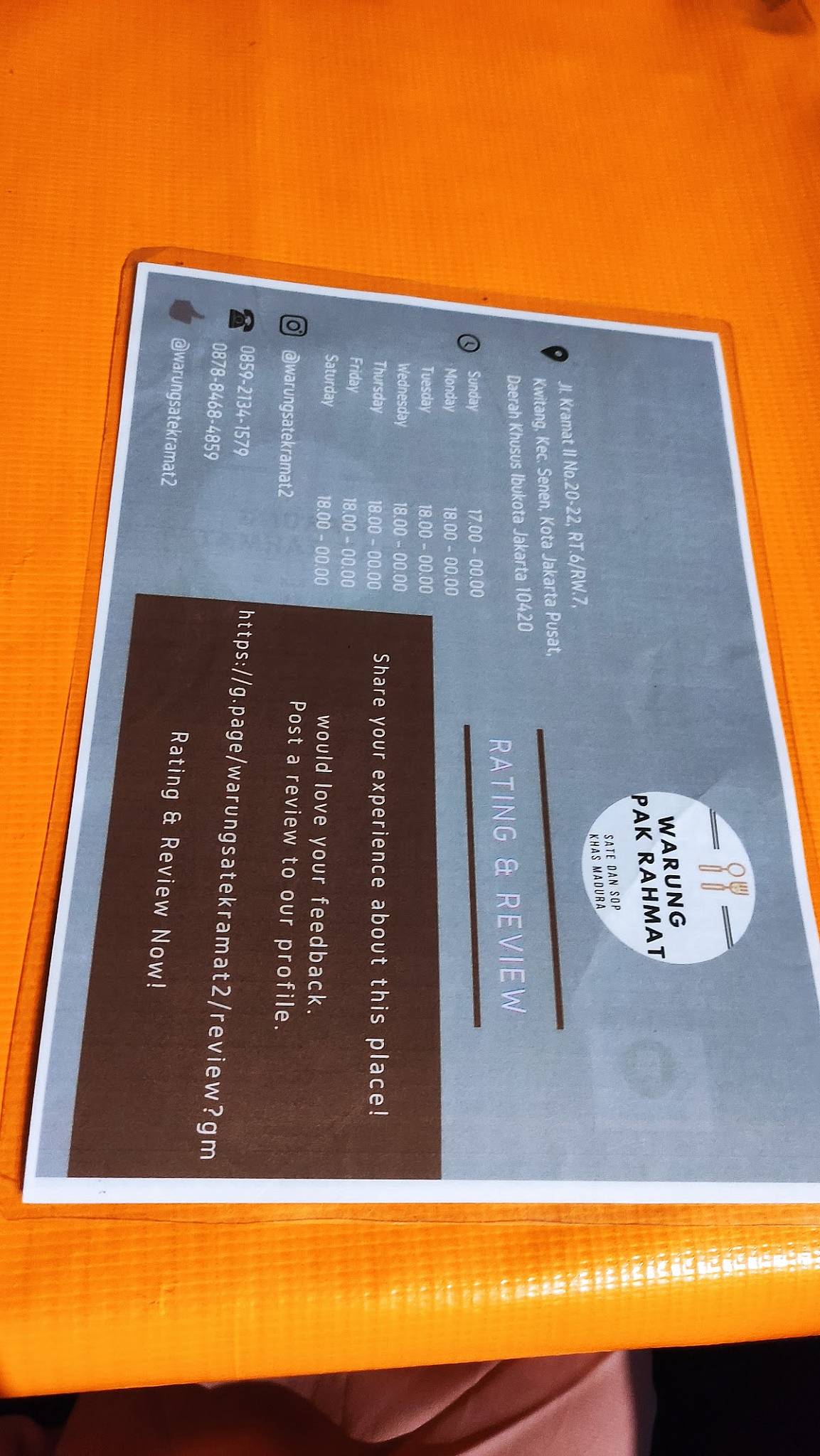 Carta del restaurante Warung Pak Rahmat (Sate dan Sop Kambing), Central ...