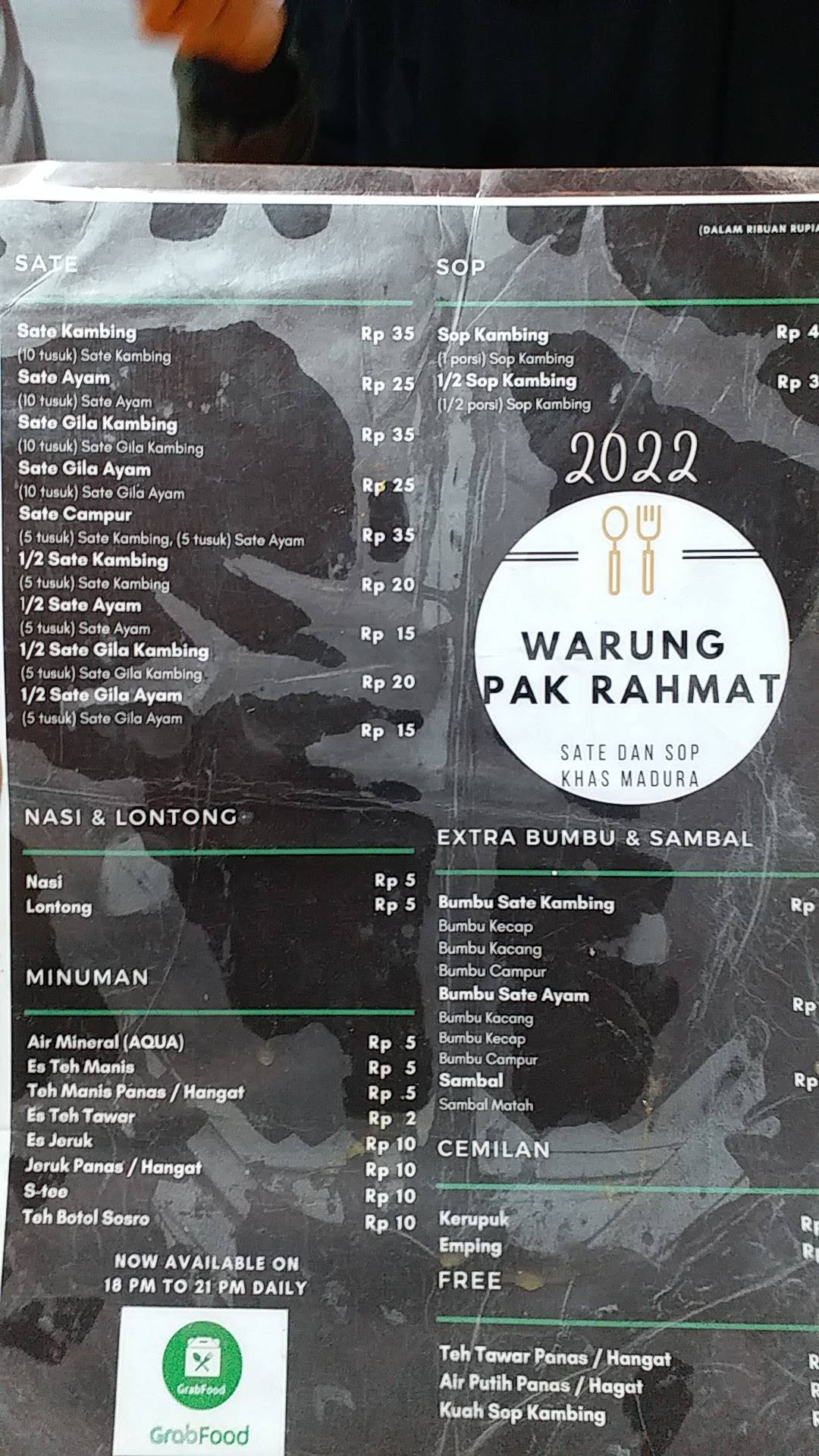 Carta del restaurante Warung Pak Rahmat (Sate dan Sop Kambing), Central ...