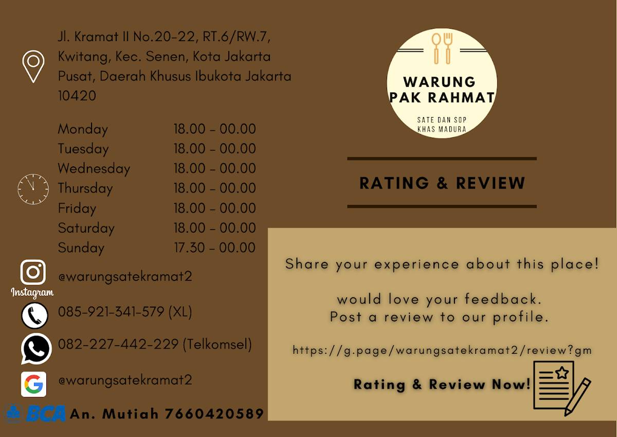 Carta del restaurante Warung Pak Rahmat (Sate dan Sop Kambing), Central ...