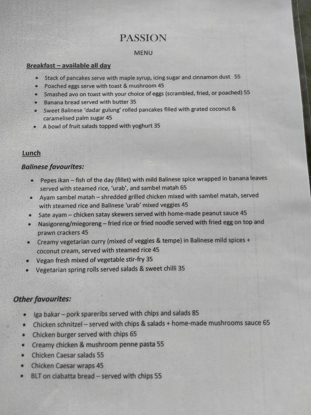 Menu at Warung Passion restaurant, Tabanan