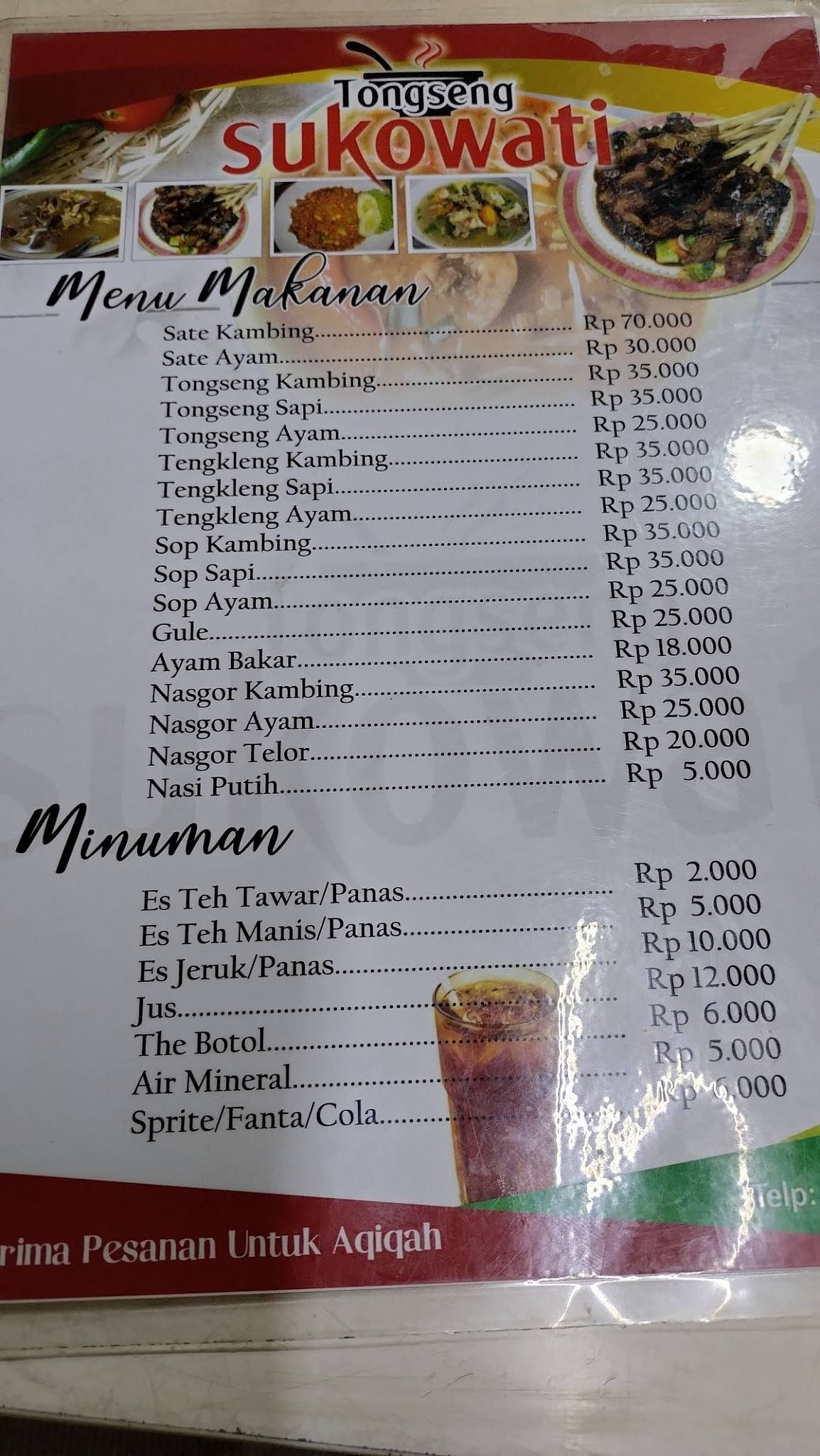 Menu at Warung Sate Solo Sukowati restaurant, Central Jakarta