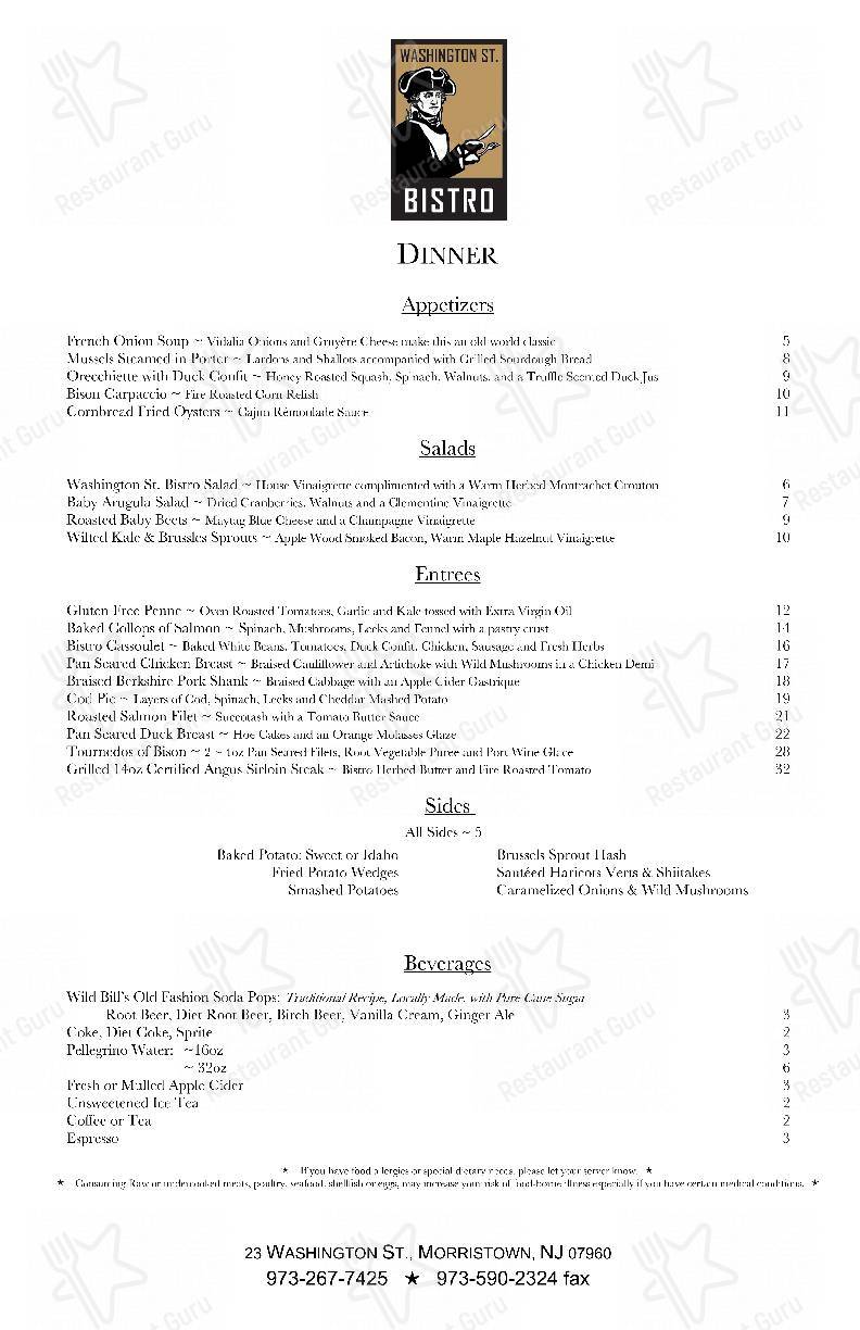 Menu at Washington St. Bistro restaurant, Morristown