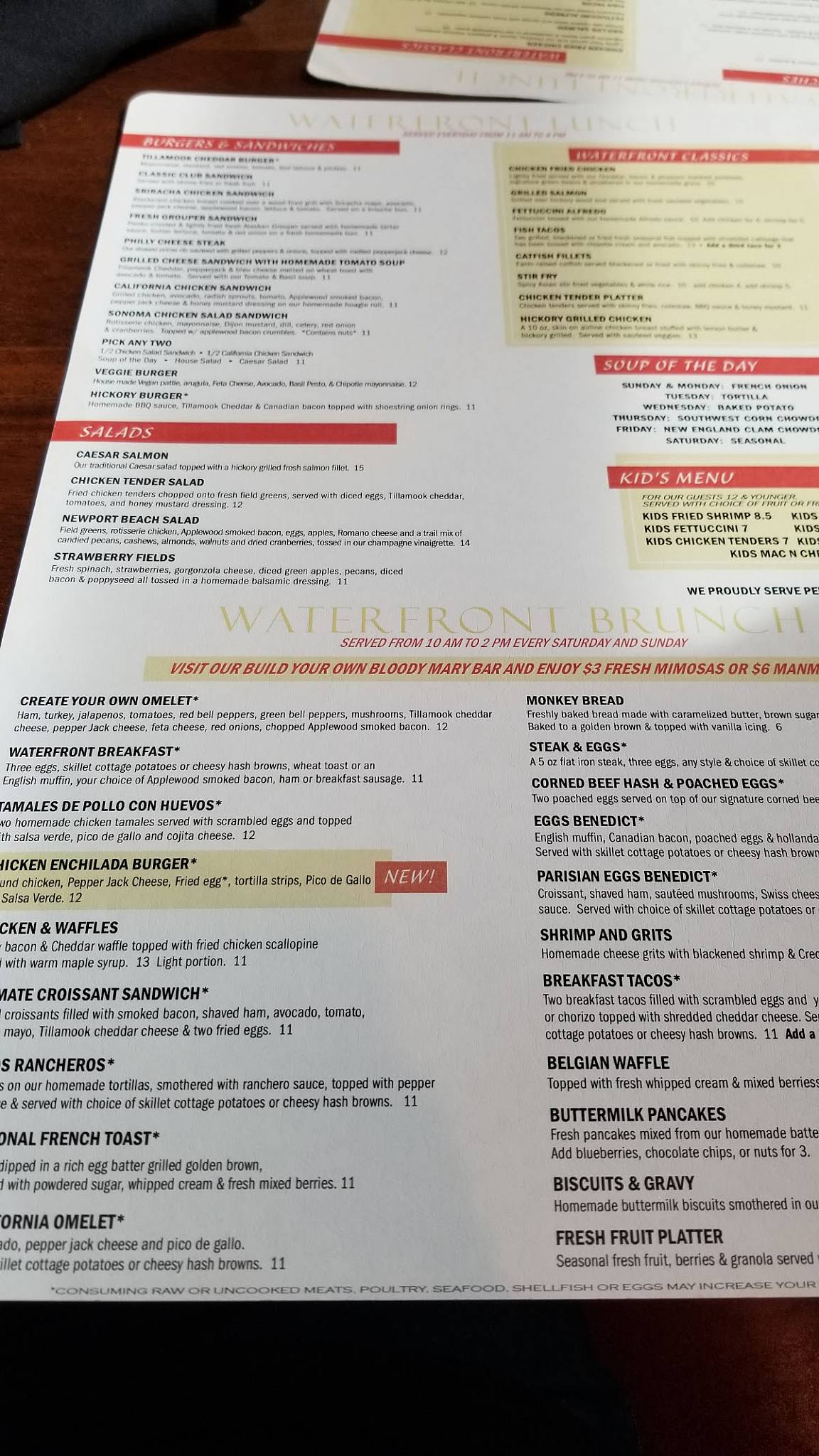 Menu at Waterfront Grill Tulsa restaurant, Jenks