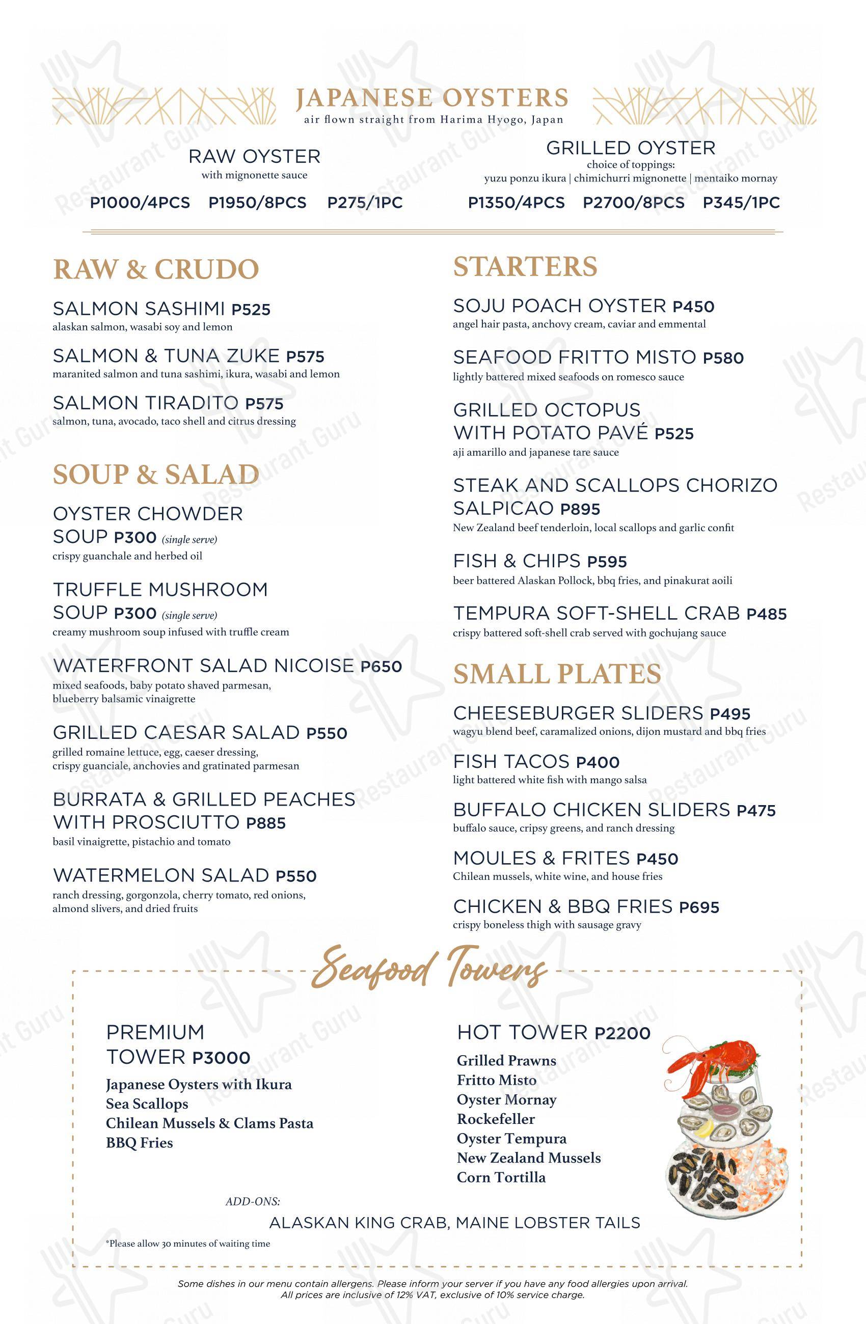Menu at Waterfront Seafood & Cocktails restaurant, Iloilo City