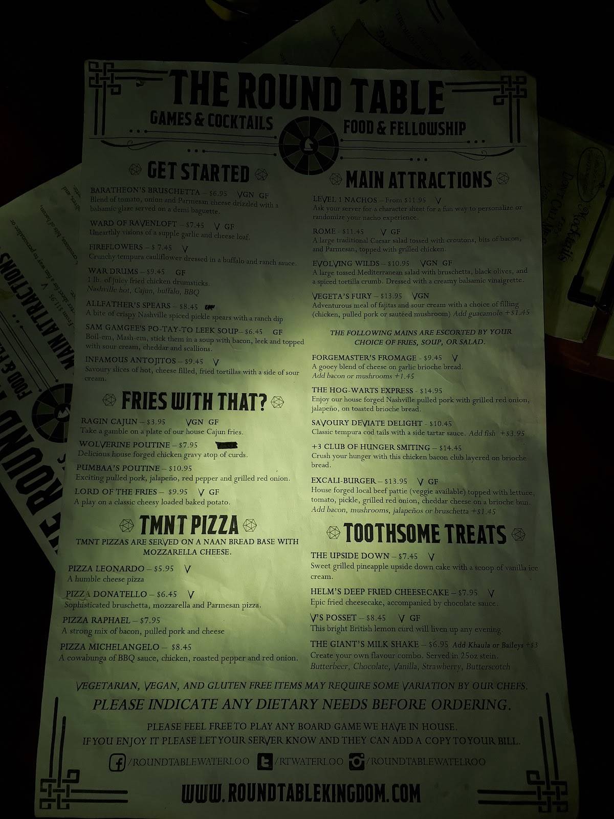 Menu at The Round Table Board Game Cafe Waterloo, Waterloo