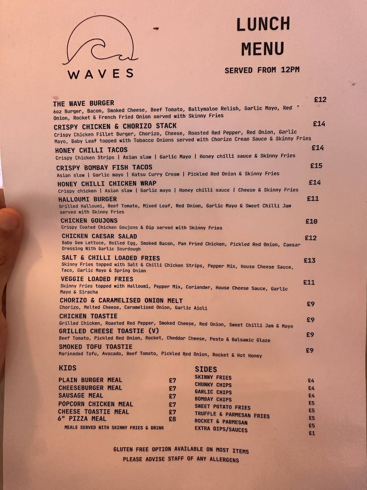 Menu at Waves Coffee Shop & Bistro fast food, England