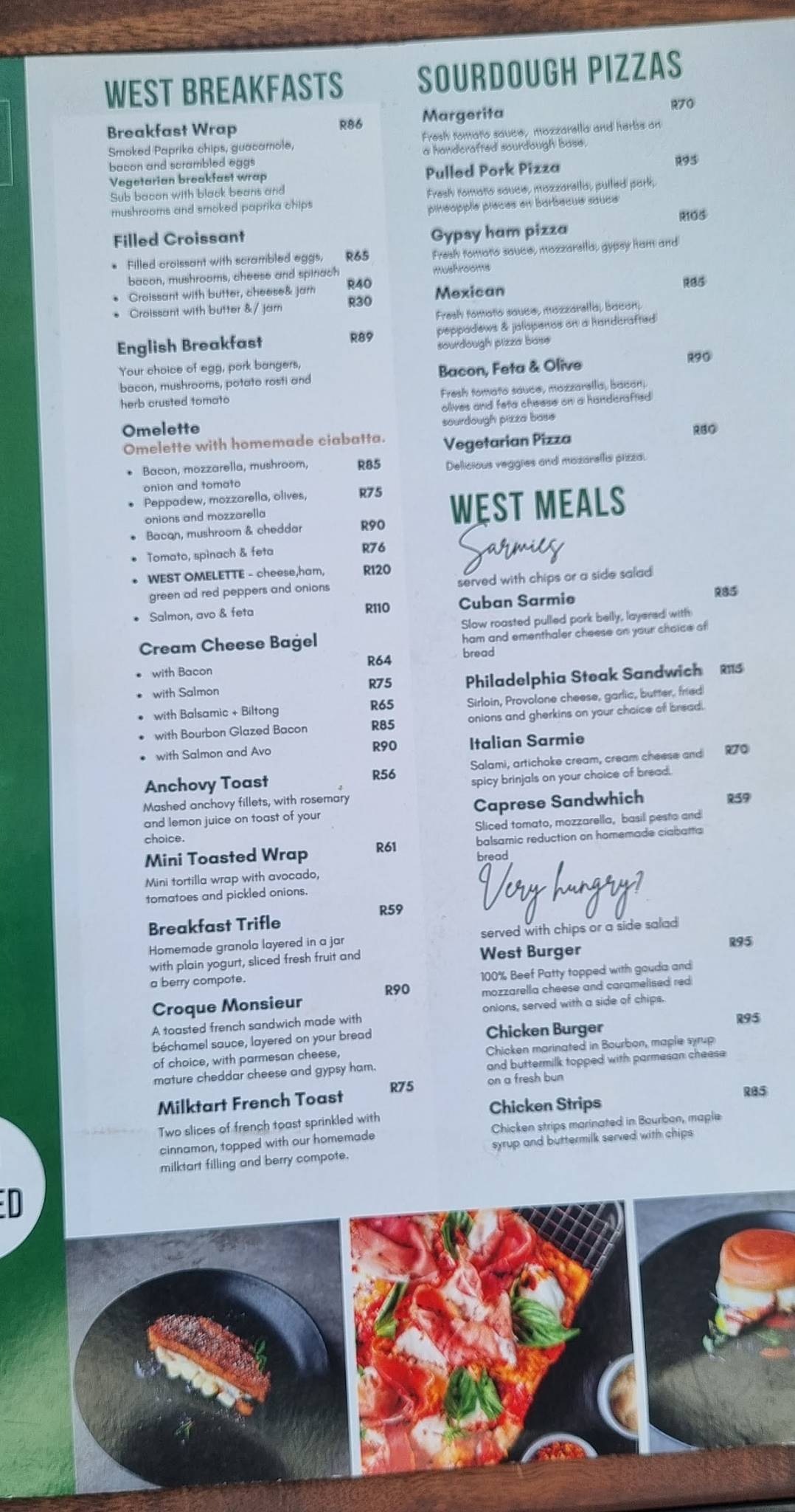 Menu at West Cafe, Pretoria