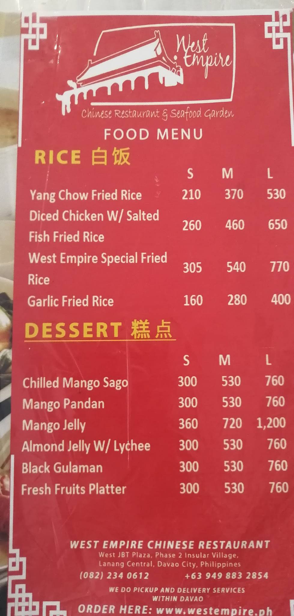 Menu at West Empire Chinese Restaurant and Seafood Garden, Davao City ...
