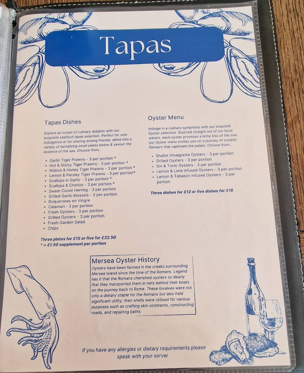 Menu at Seafood at dawn restaurant, West Mersea