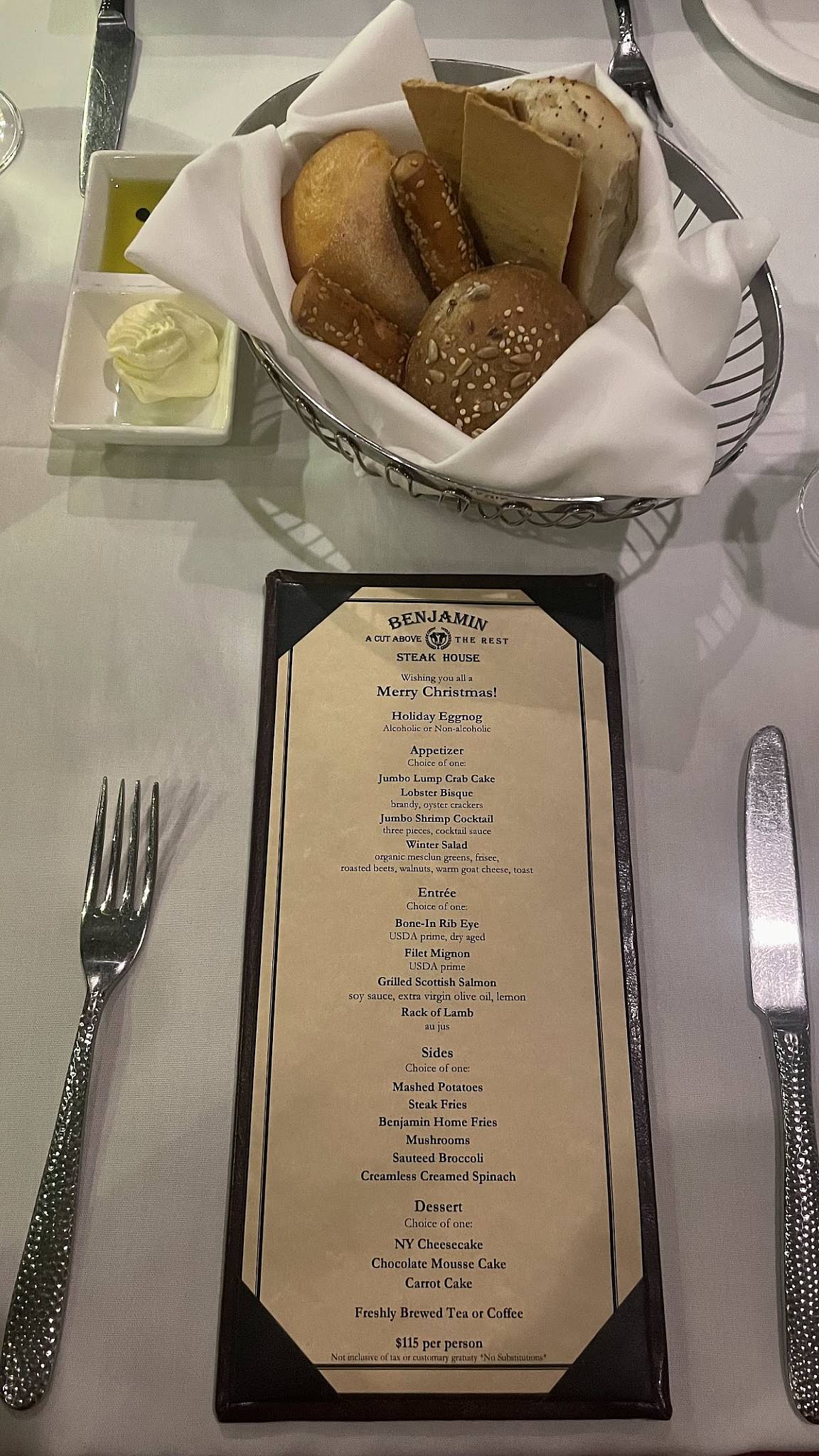 Menu at Benjamin Steakhouse, West New York, Inside The Dylan Hotel