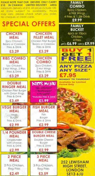 Menu at Western Fried Chicken restaurant, London, 252 Lewisham High Street