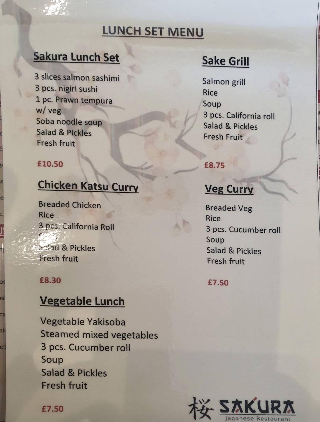 Menu at Sakura Japanese Restaurant, Weston-super-Mare