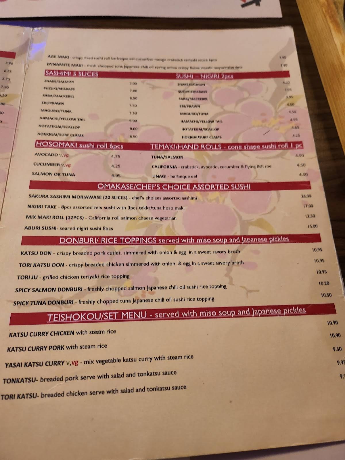 Menu at Sakura Japanese Restaurant, Weston-super-Mare