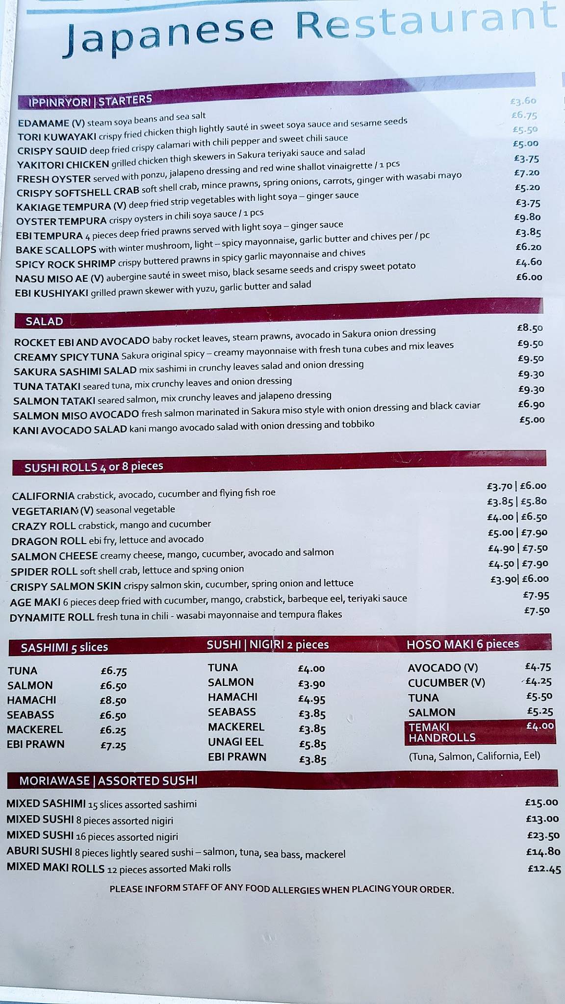 Menu at Sakura Japanese Restaurant, Weston-super-Mare
