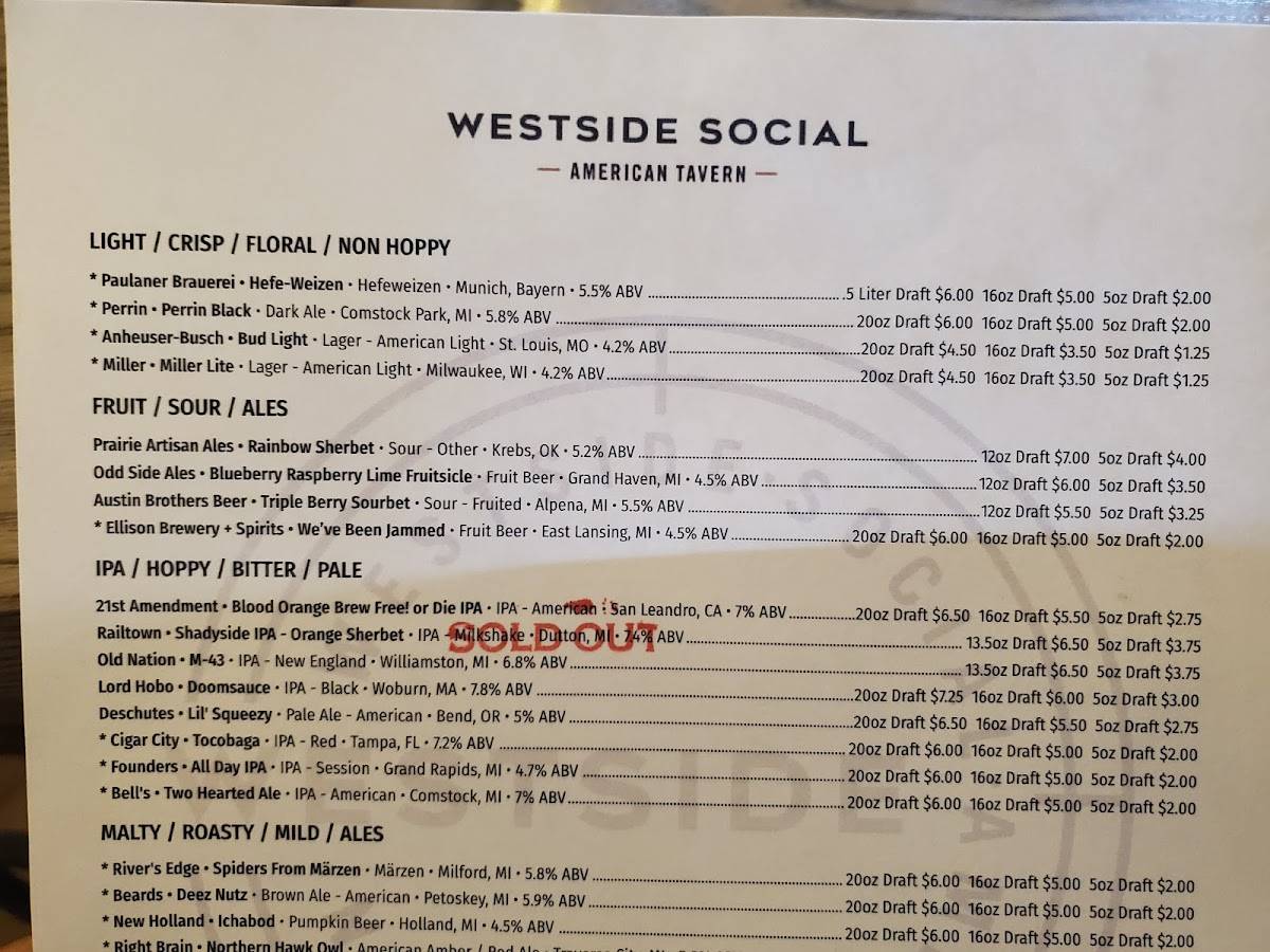 Menu at Westside Social pub & bar, Grand Rapids