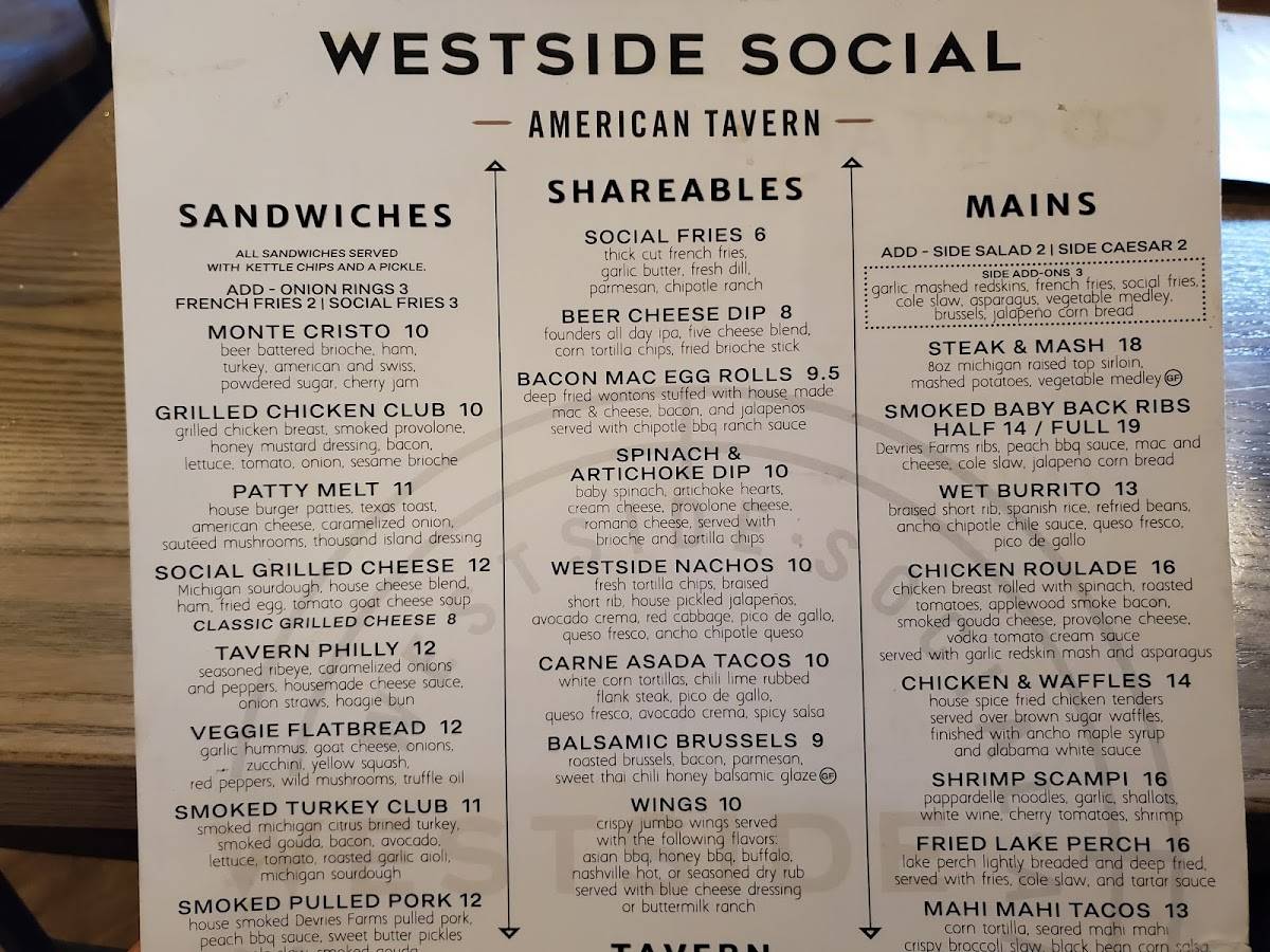 Menu at Westside Social pub & bar, Grand Rapids