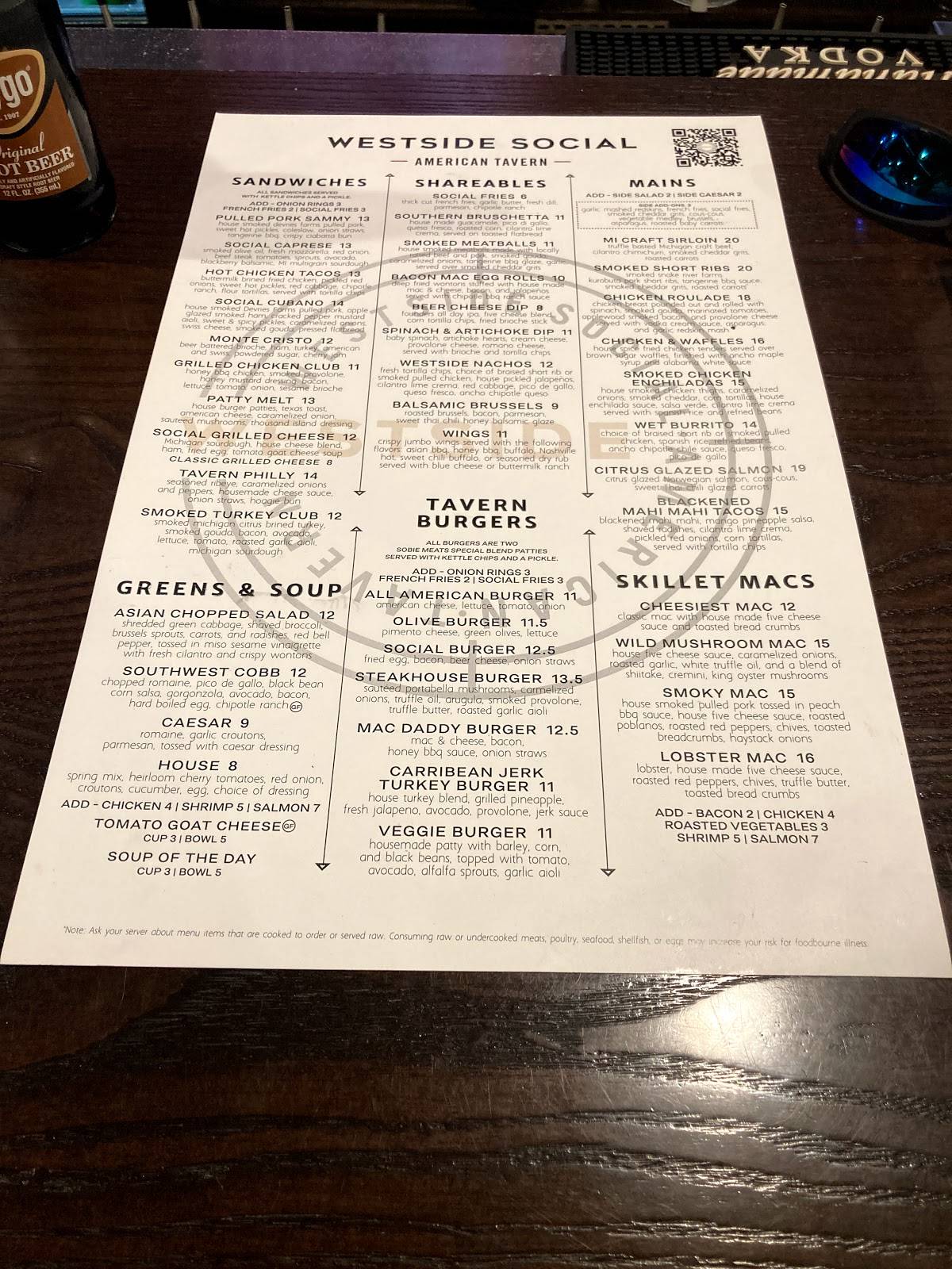Menu at Westside Social pub & bar, Grand Rapids
