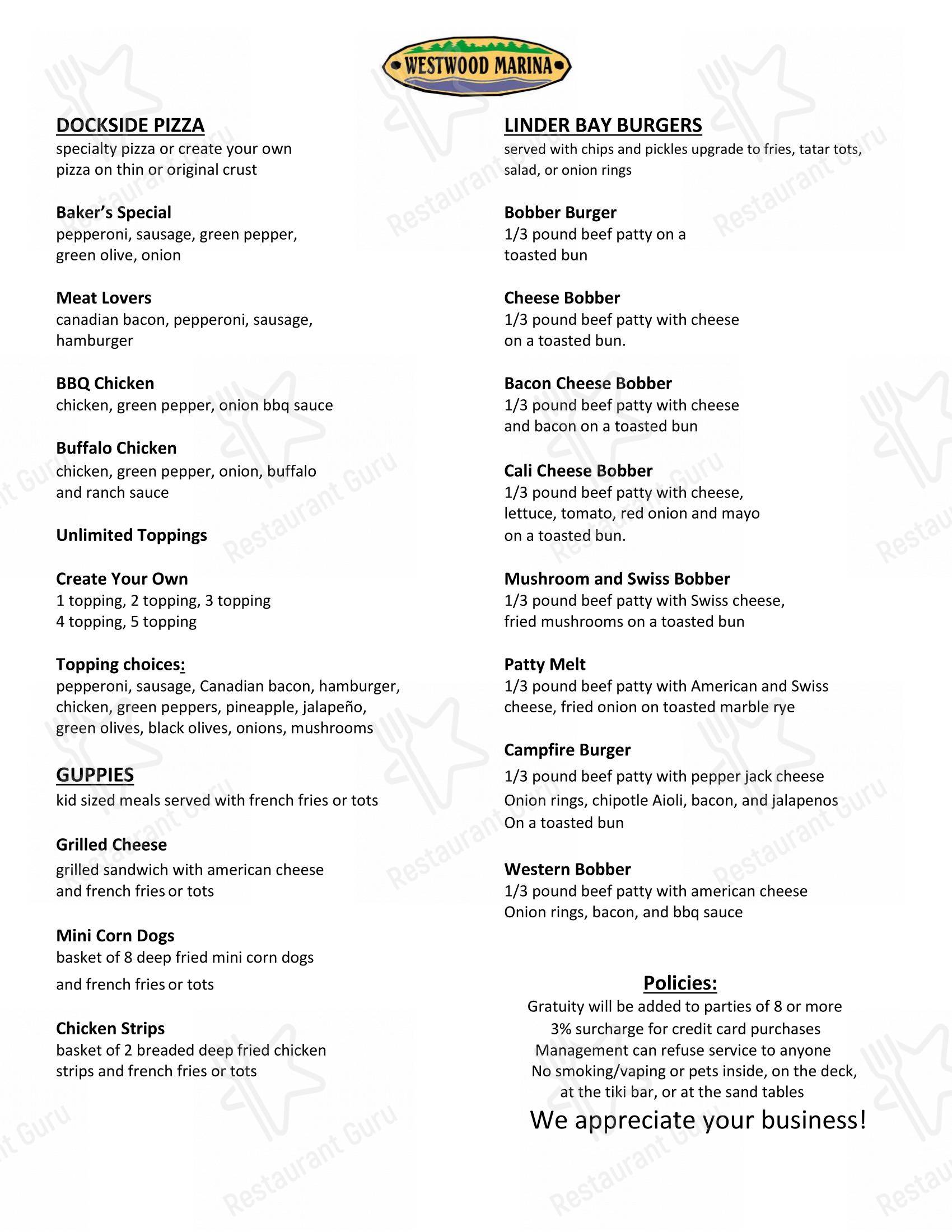 Menu at Westwood Marina pub & bar, Mankato, Lake Washington Access Rd